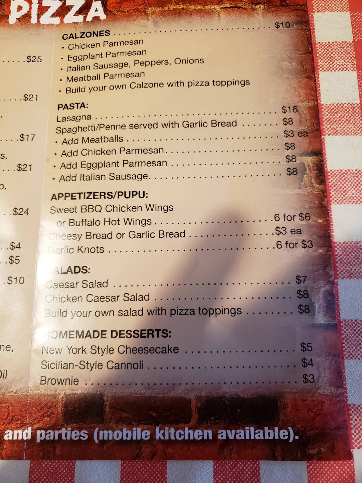 Menu at James Angelo's Underground Pizza pizzeria, Waimea