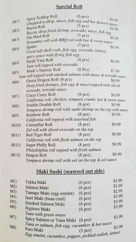 Menu at Wako Sushi Cafe, Winnipeg