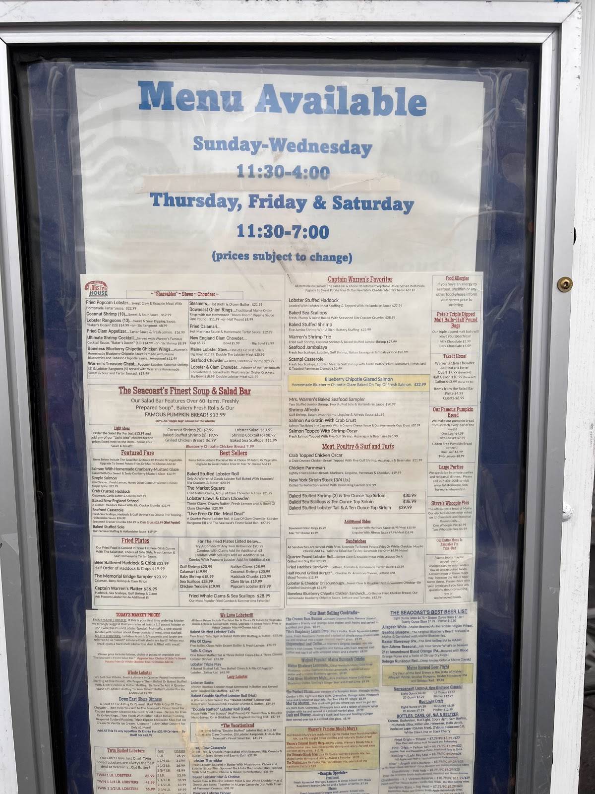 Menu at Warren's Lobster House restaurant, Kittery