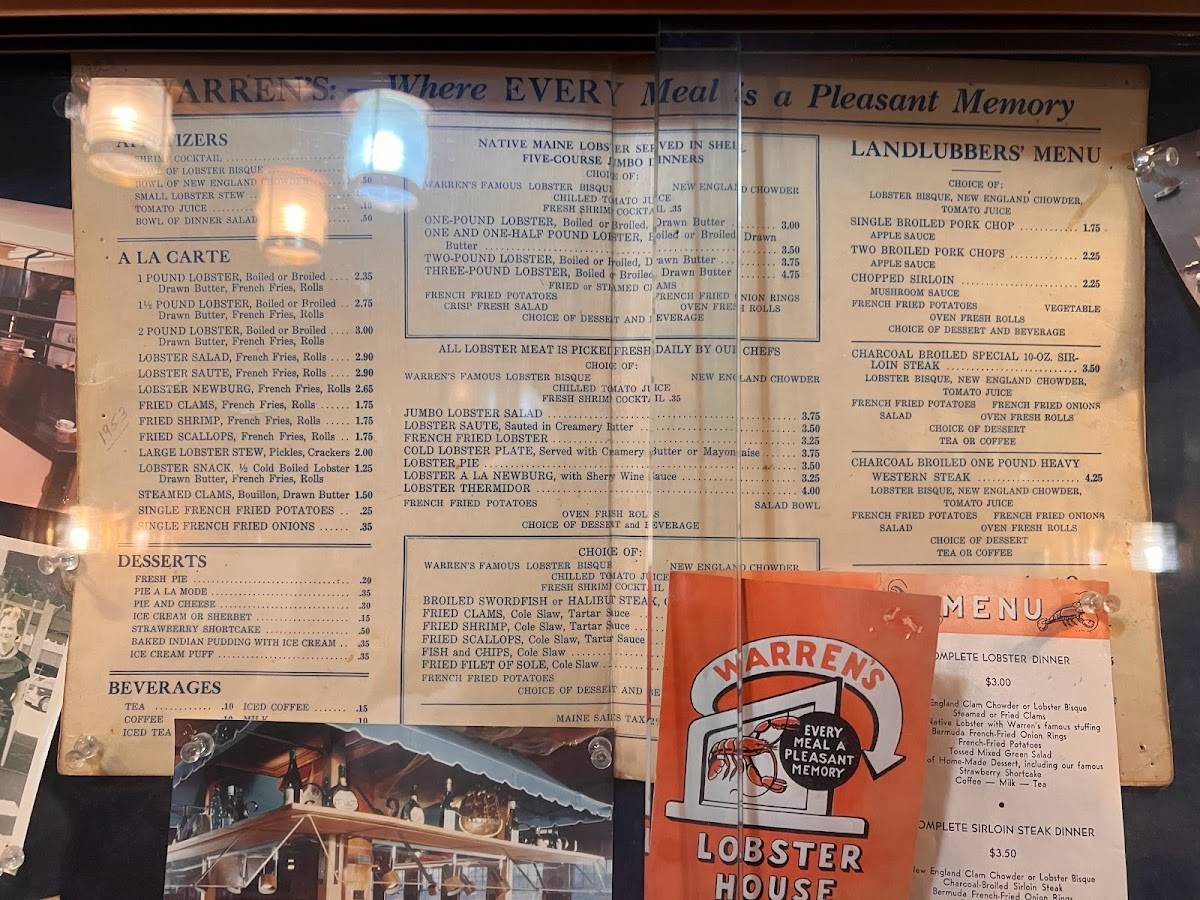 Menu at Warren's Lobster House restaurant, Kittery