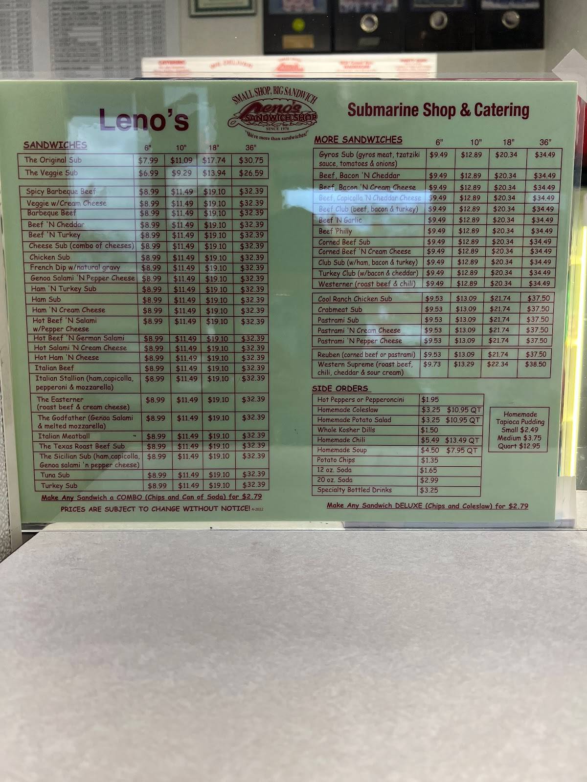 Menu at Leno's Sandwich Shop fast food, Waukegan