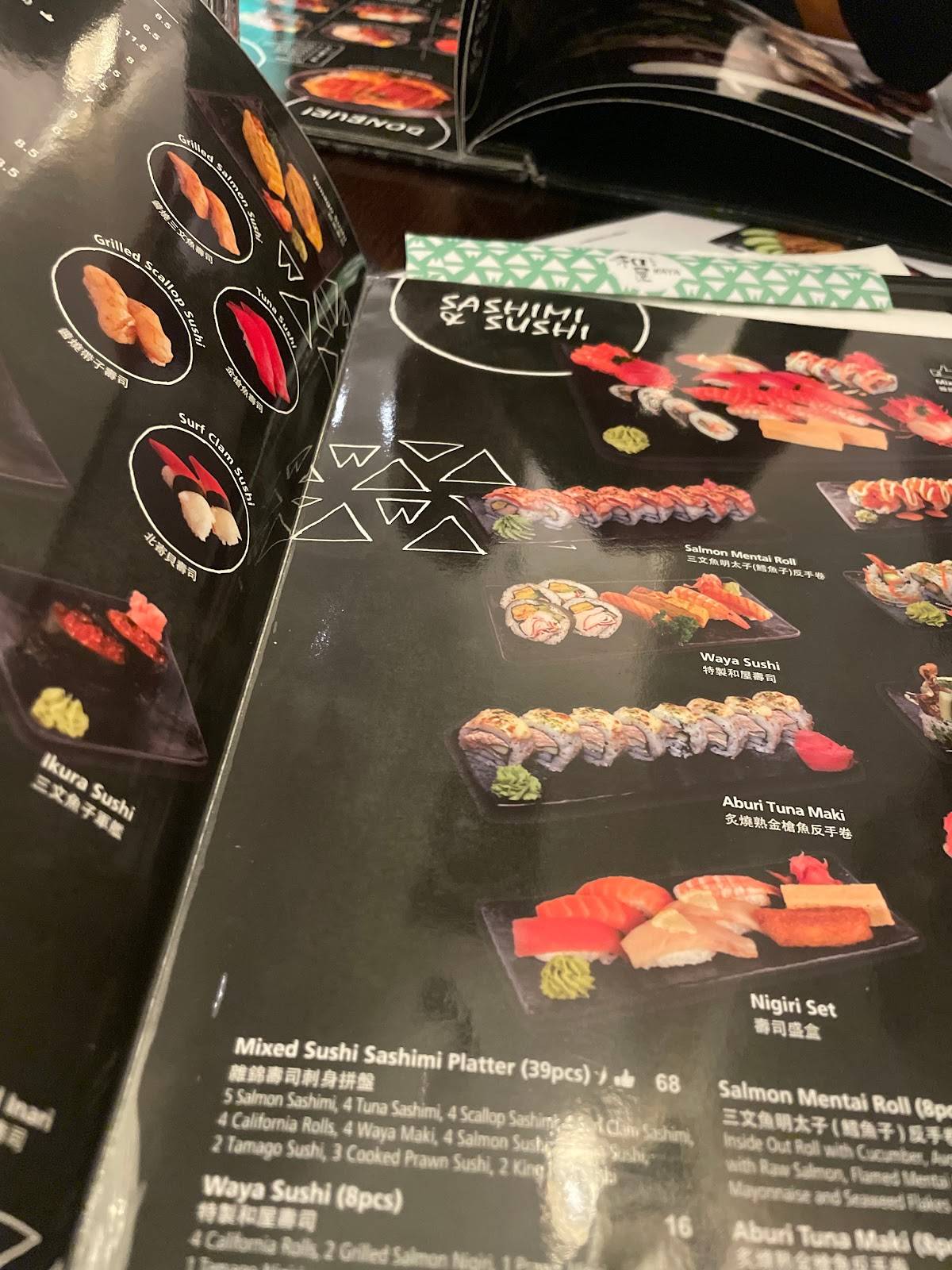 Menu at Waya Japanese restaurant, Glen Waverley