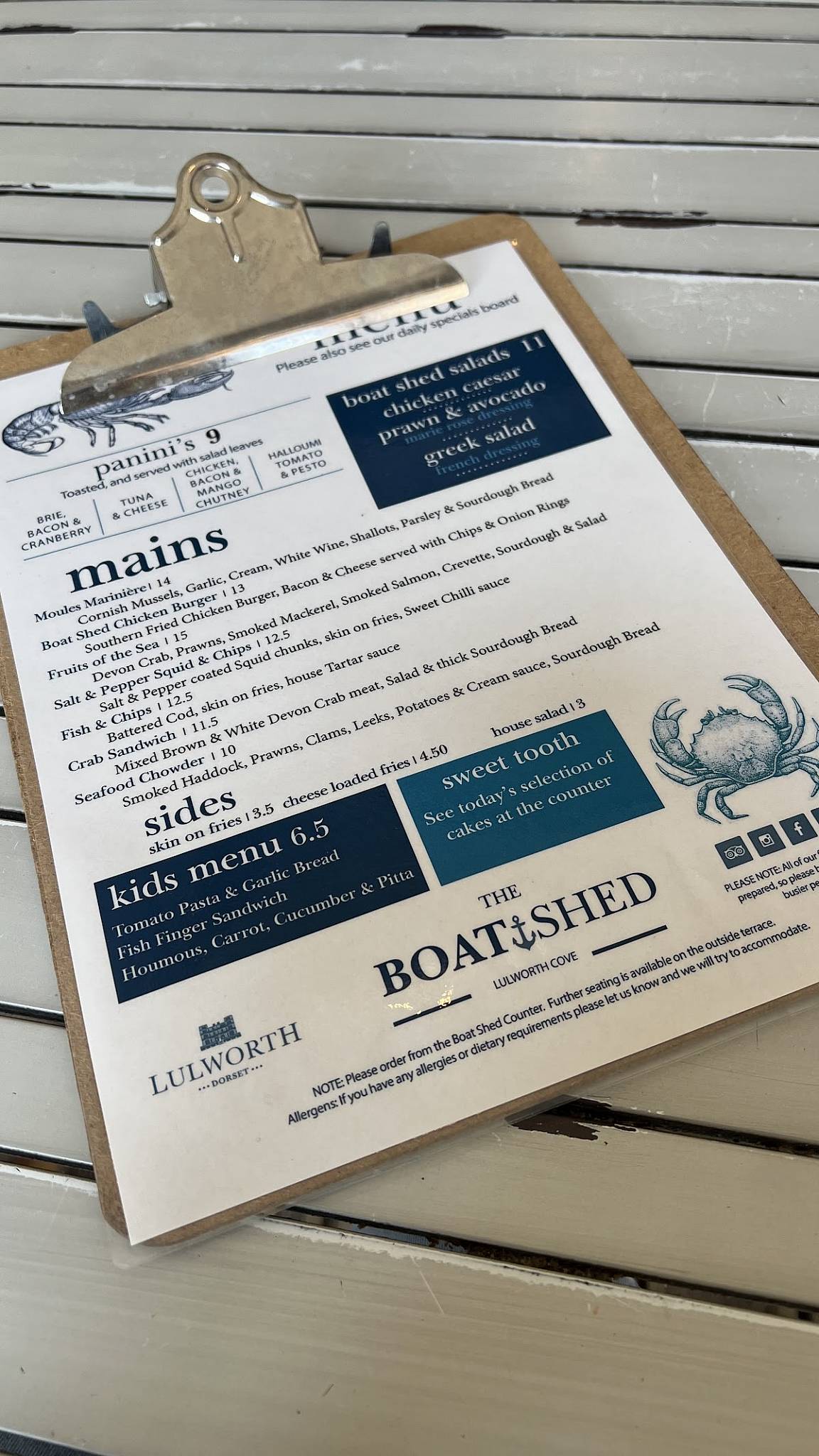 Menu at The Boat Shed Cafe, West Lulworth, Lulworth Cove