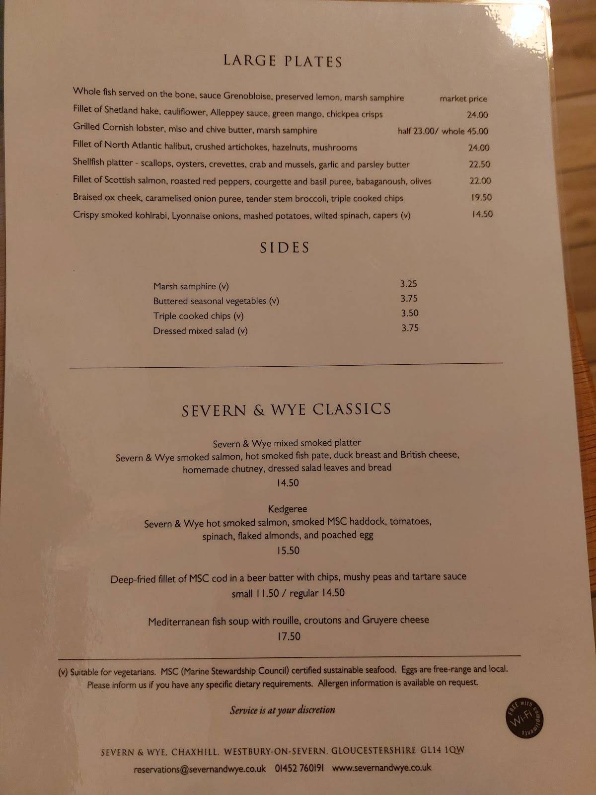 Menu at Severn & Wye Smokery restaurant, Westbury-on-Severn