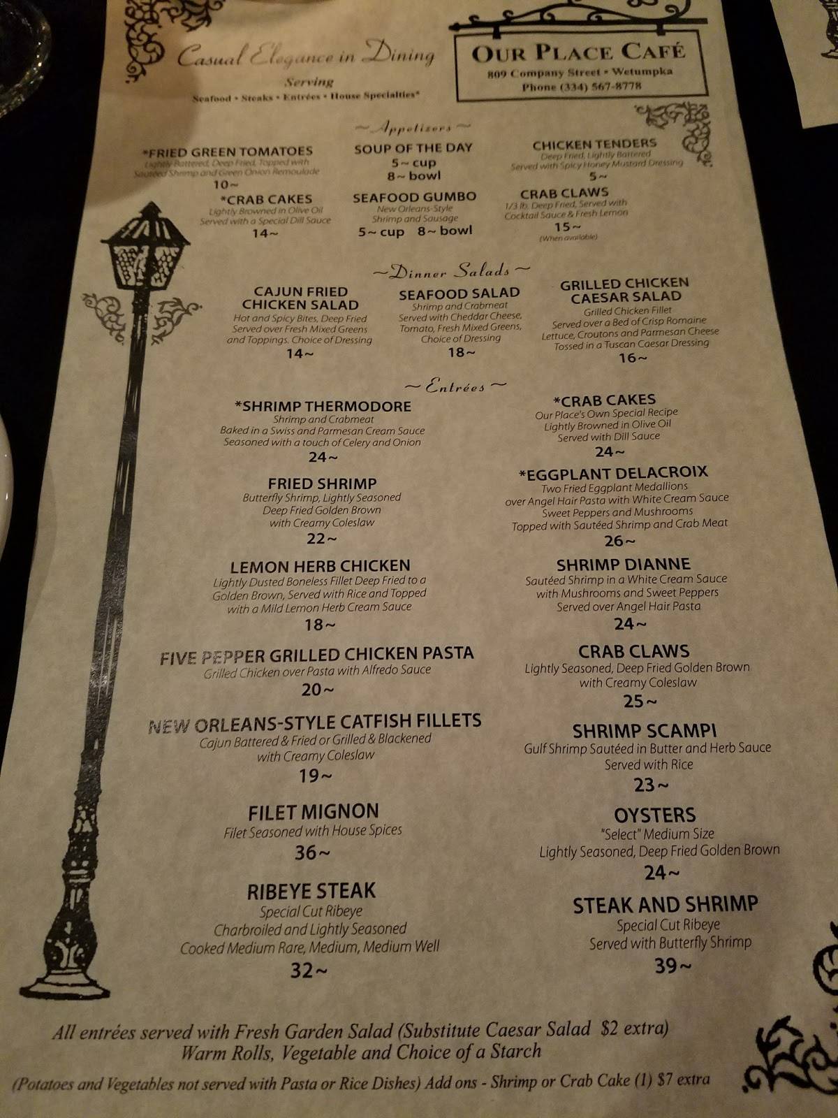 Menu at Our Place Cafe, Wetumpka
