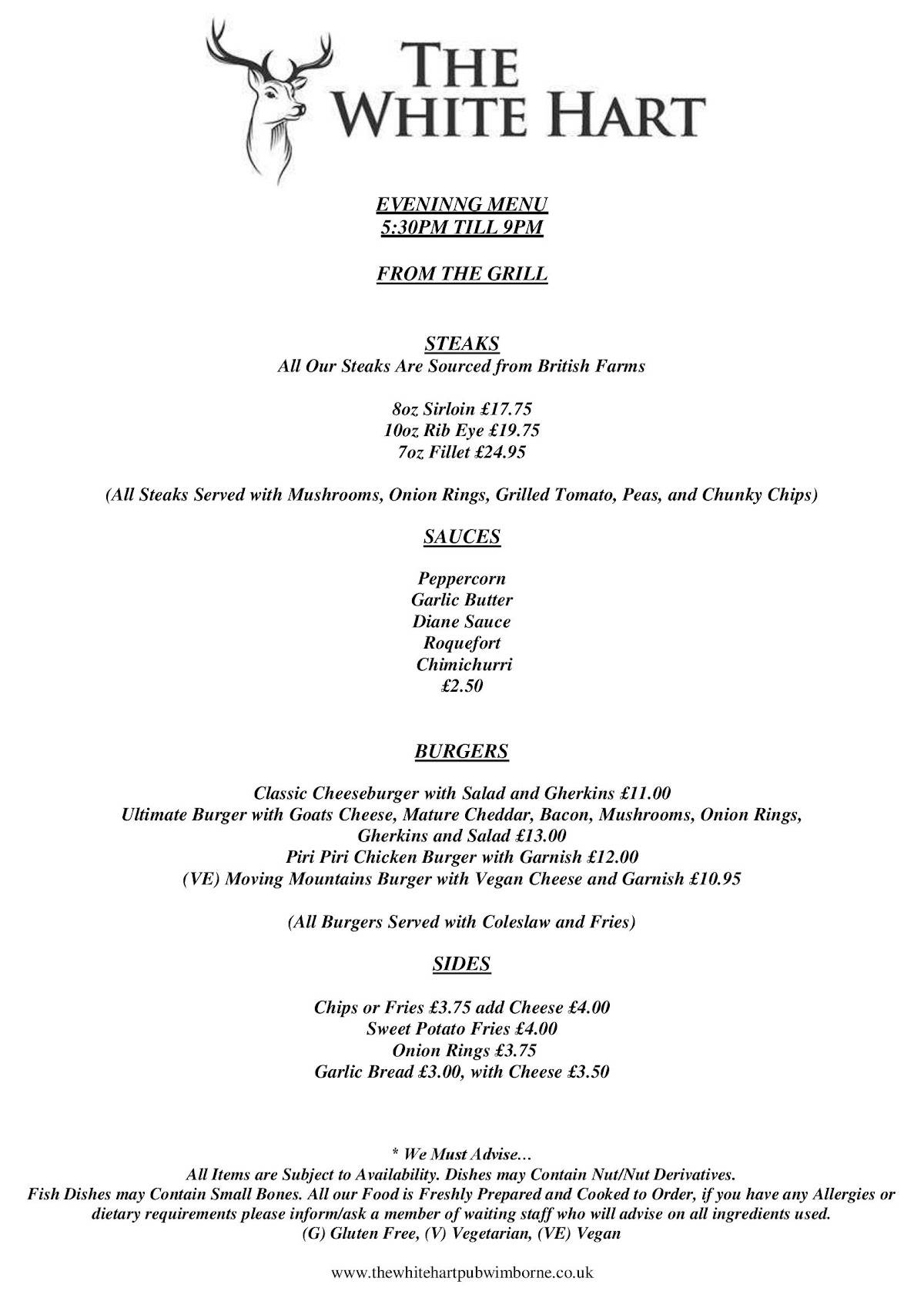 Menu at White Hart pub & bar, Wimborne Minster