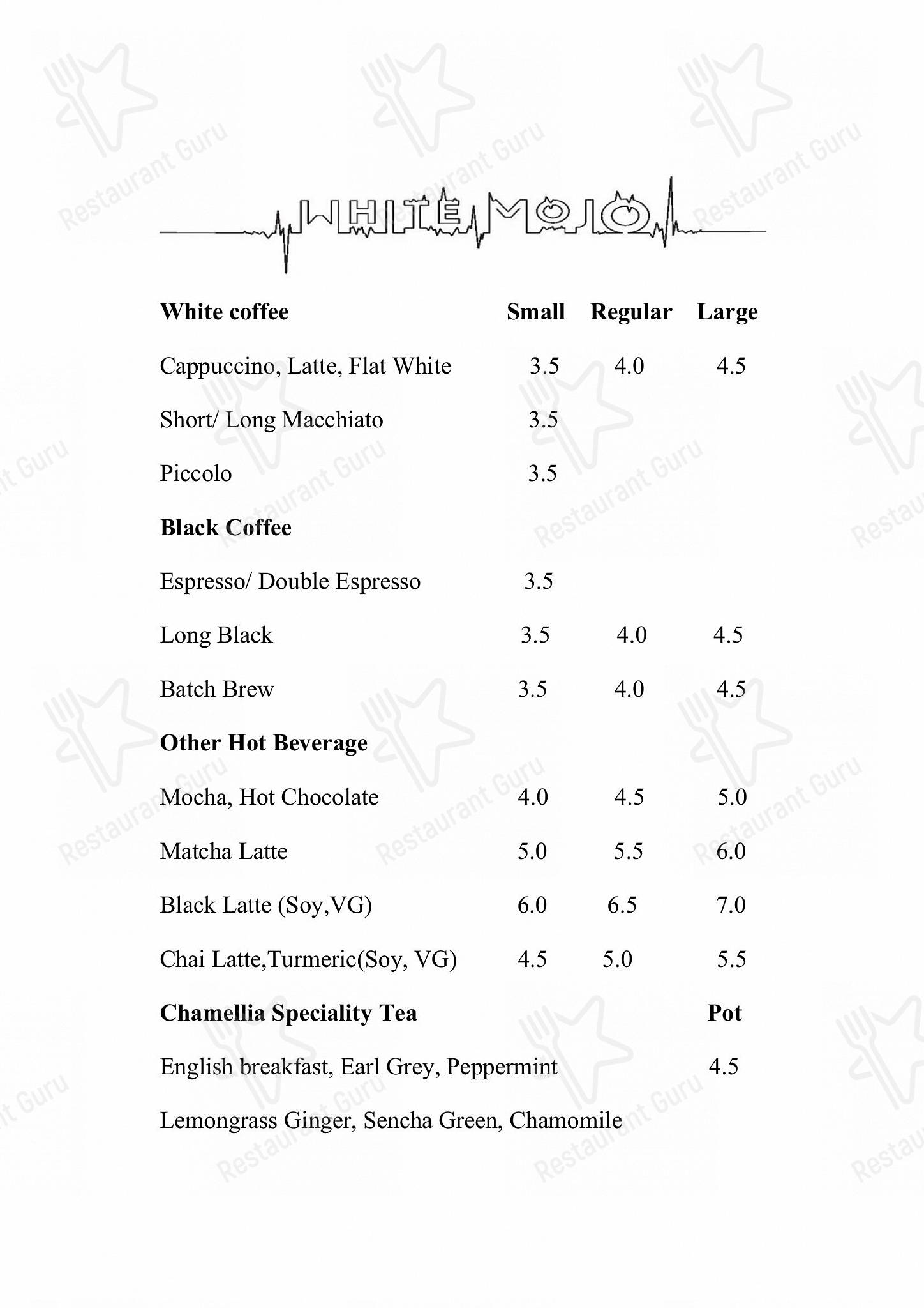 Menu at White Mojo cafe, Ringwood