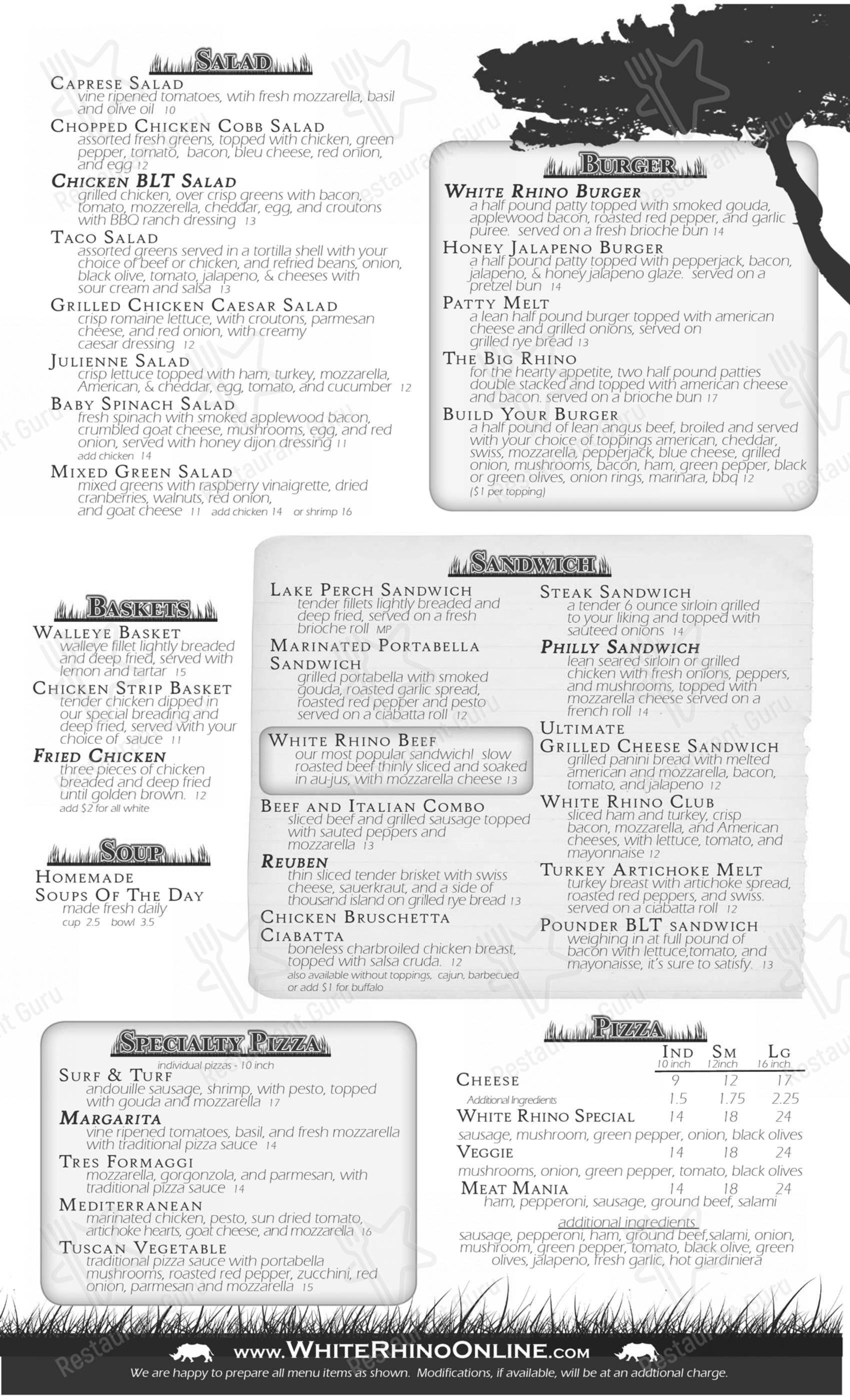 Menu at White Rhino Bar & Grill, Dyer