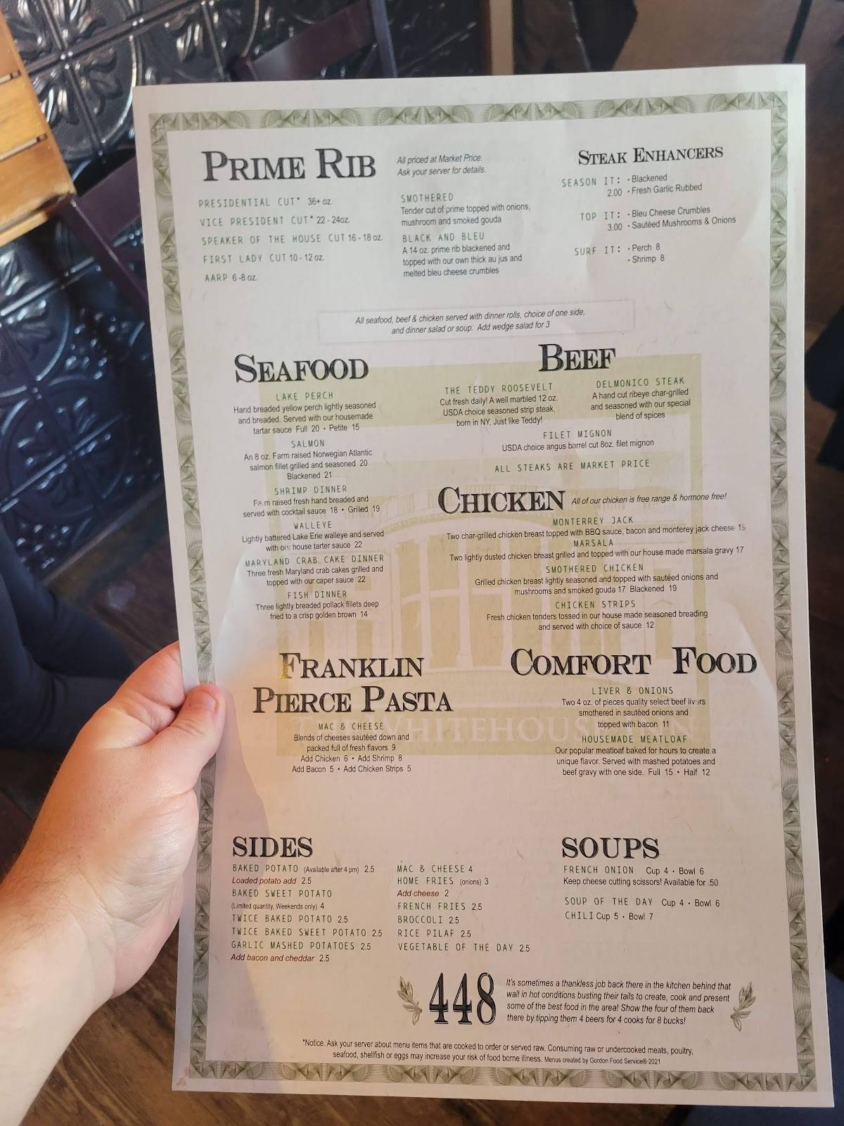 Menu at The Whitehouse Inn steakhouse, Whitehouse