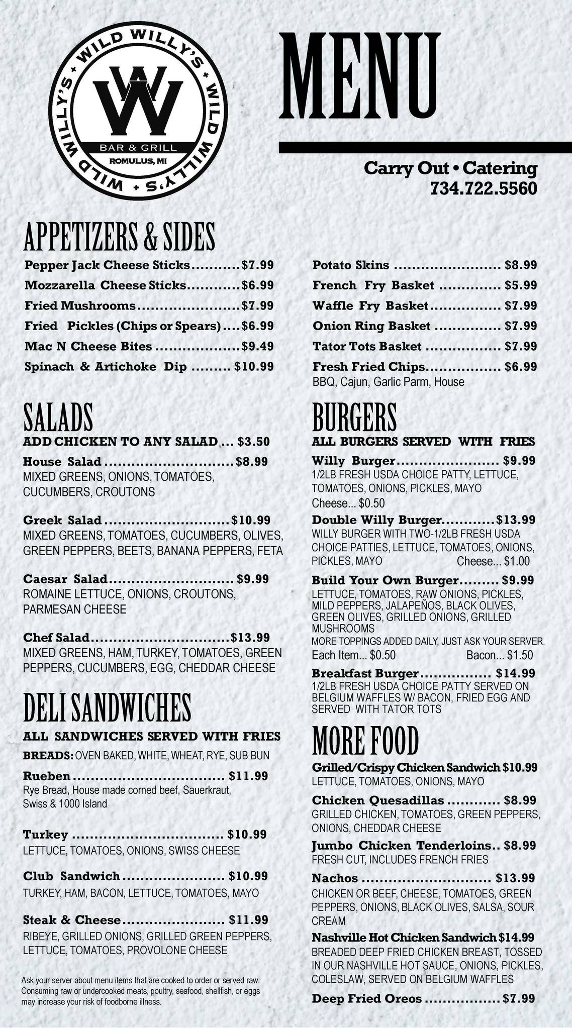 Menu at Wild Willy's Bar & Grill, Romulus