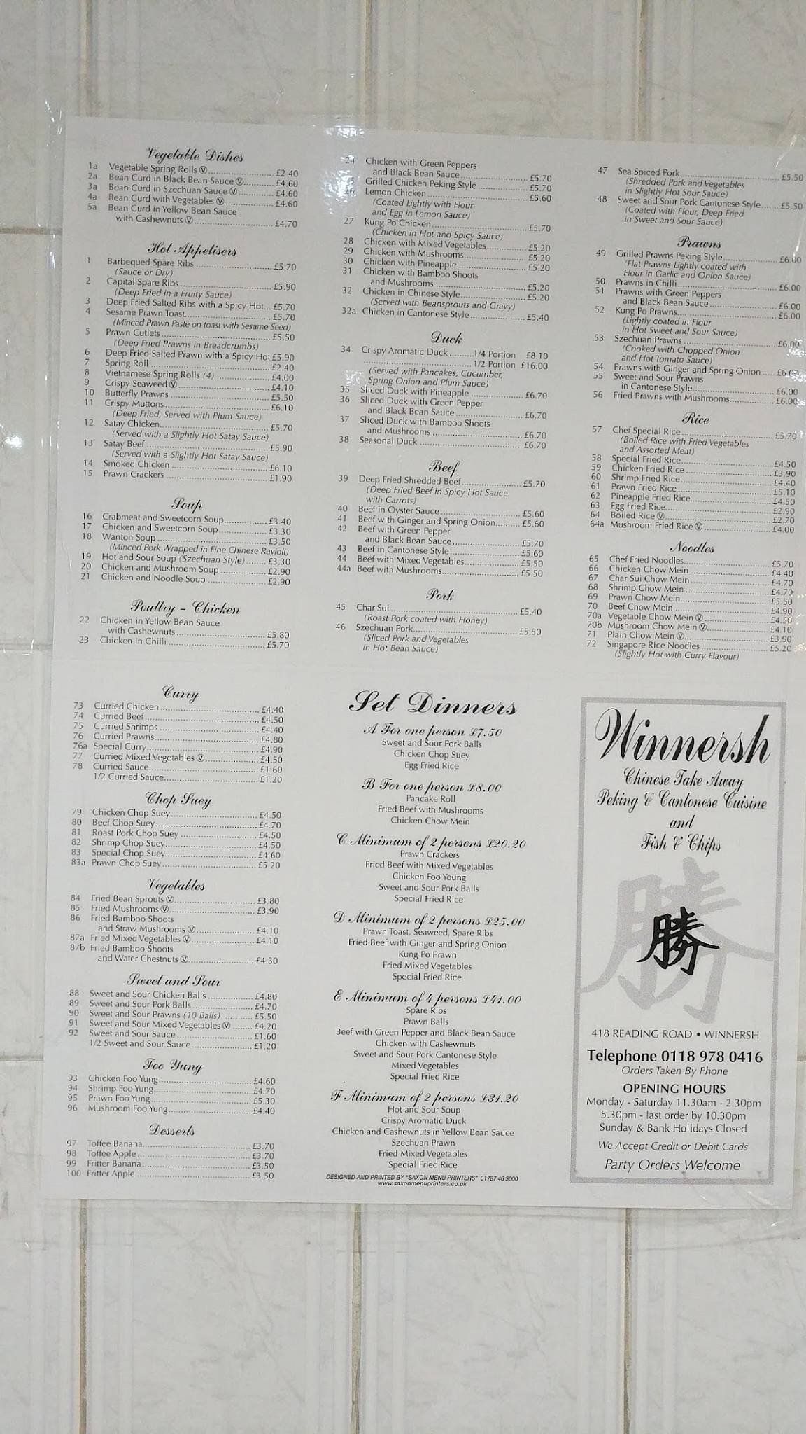 Menu at Winnersh Fish & Chip Shop fast food, Wokingham