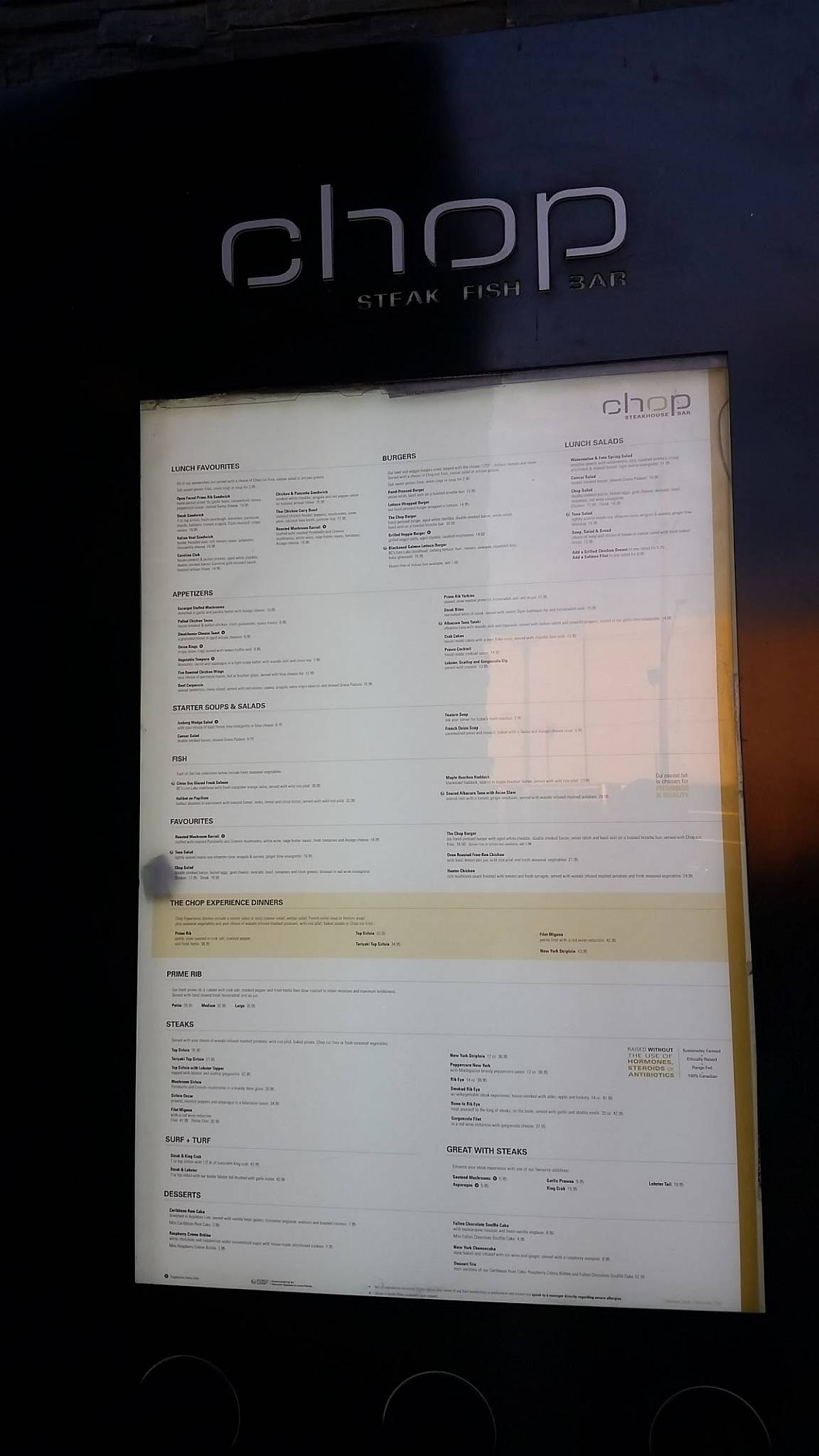 Menu at Chop Steakhouse & Bar, Winnipeg
