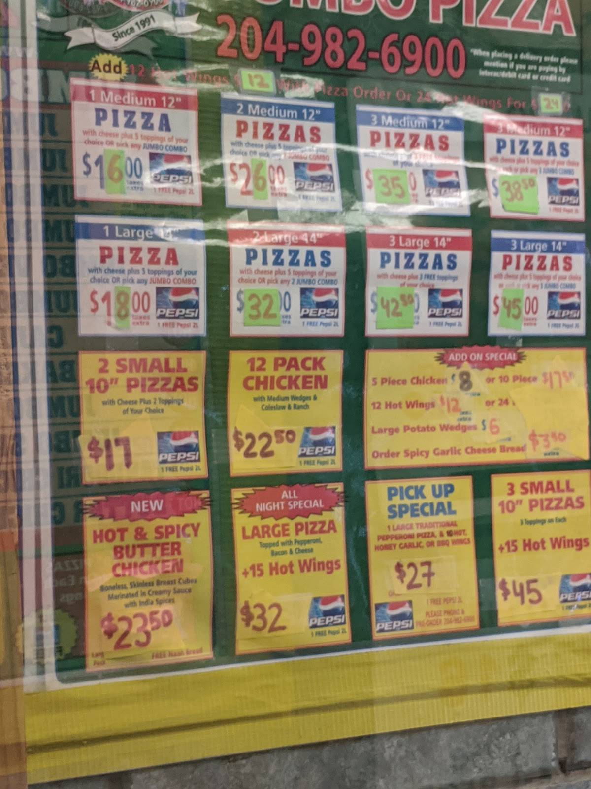 Menu at Jumbo Pizza pizzeria, Winnipeg, 555 Balmoral St