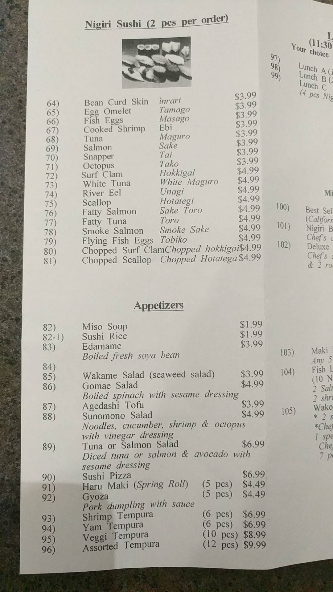 Menu at Wako Sushi Cafe, Winnipeg