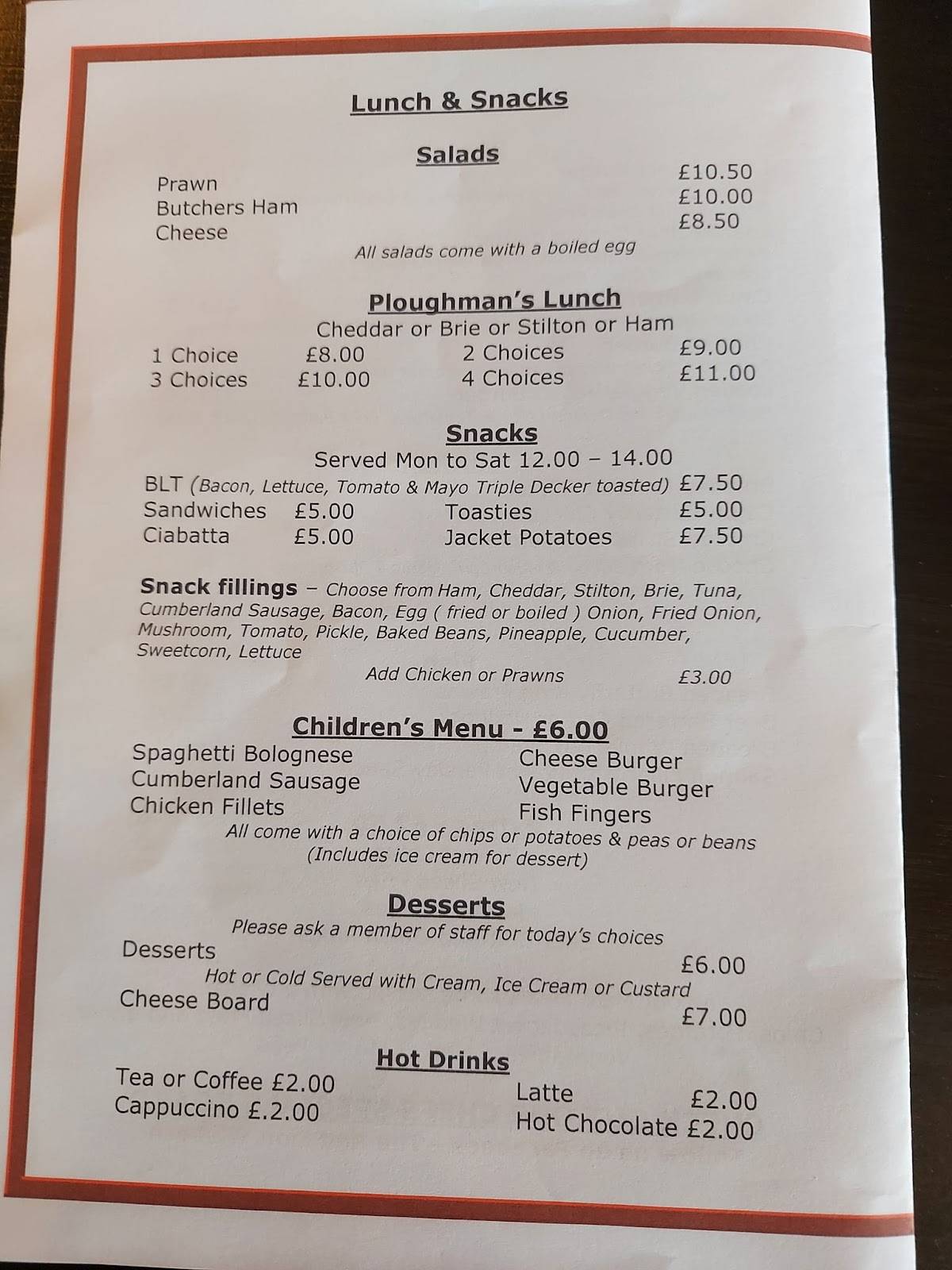 Menu at The Red Lion restaurant, Wisbech