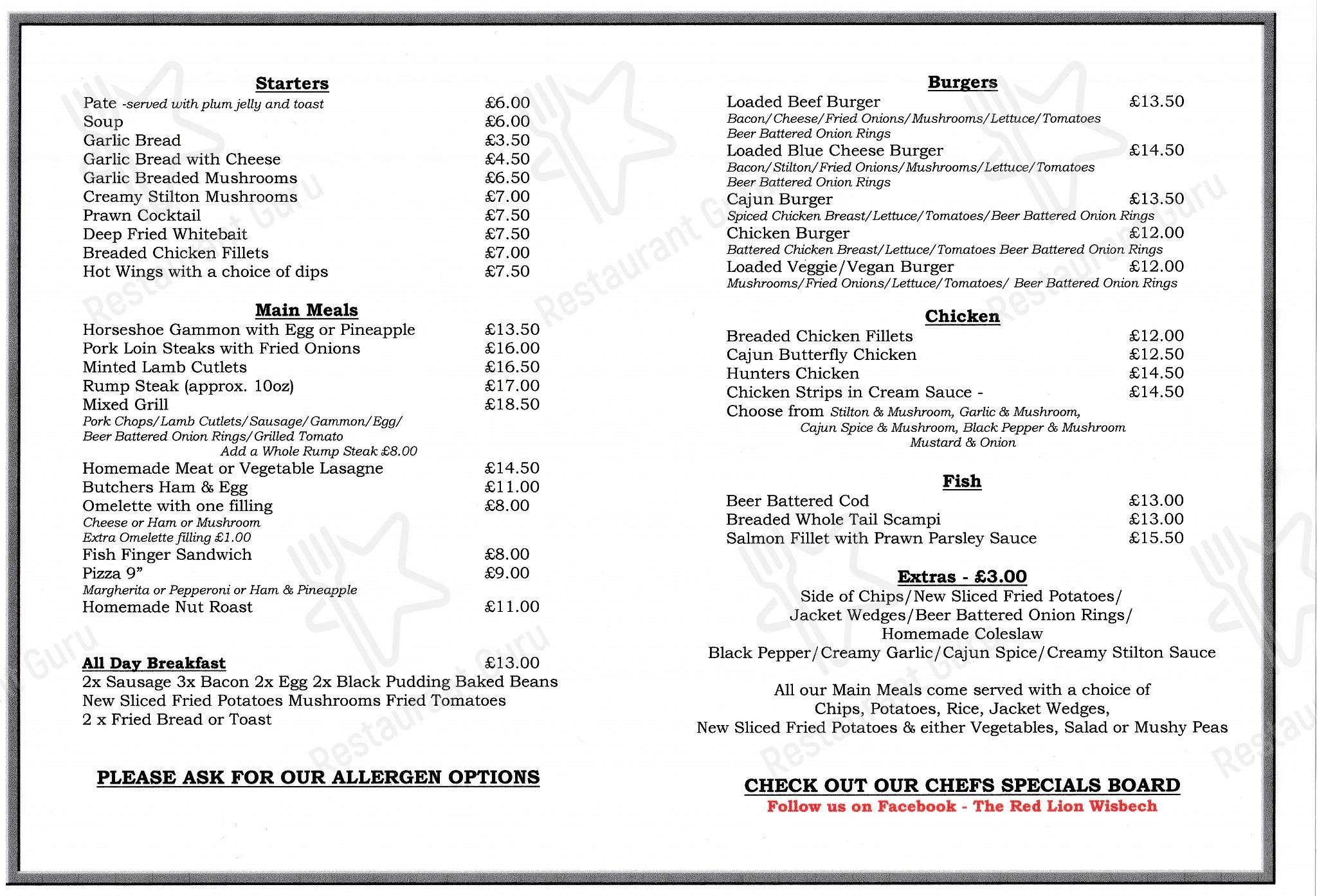 Menu at The Red Lion restaurant, Wisbech