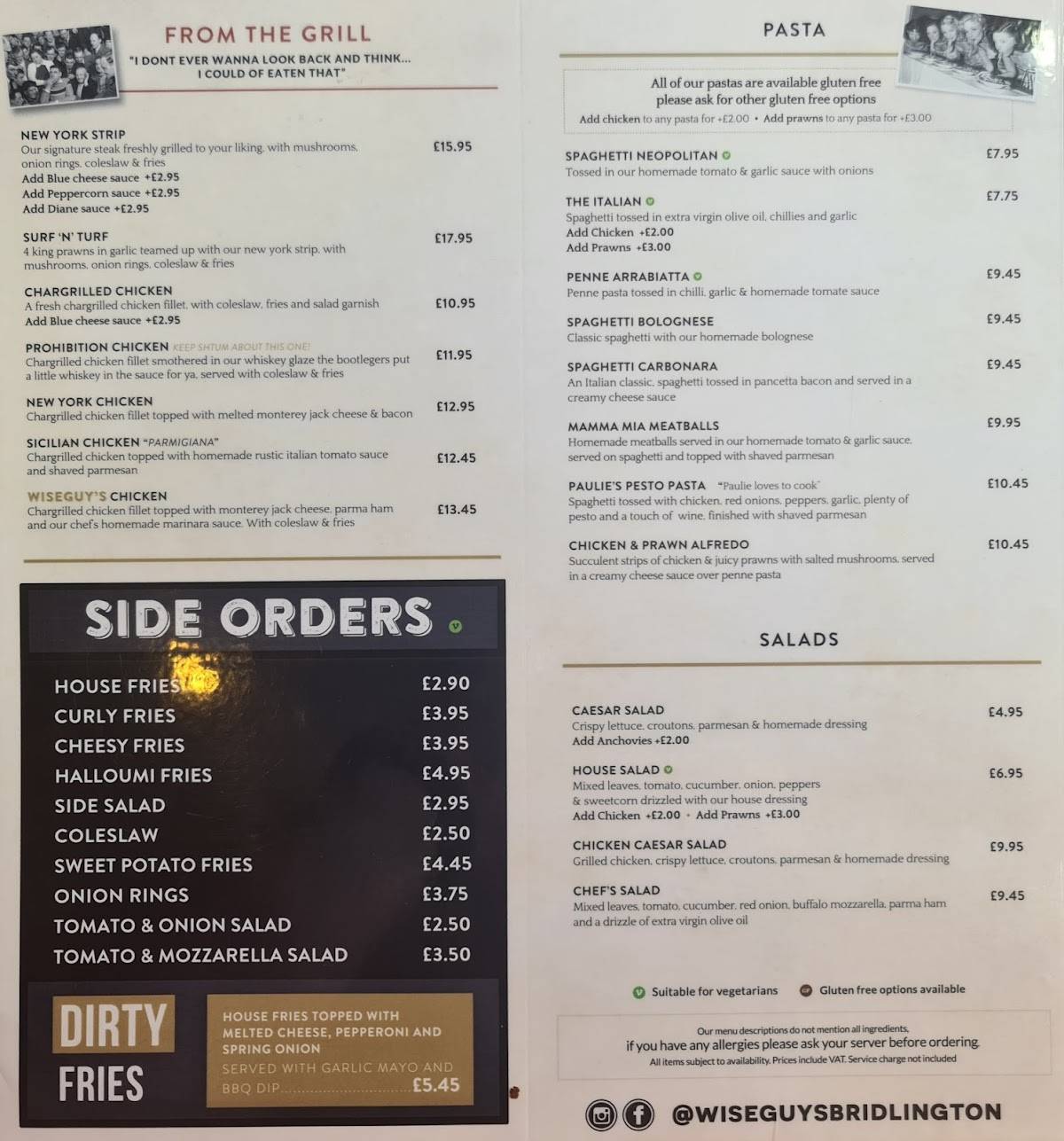 Menu at Wiseguys restaurant, Bridlington