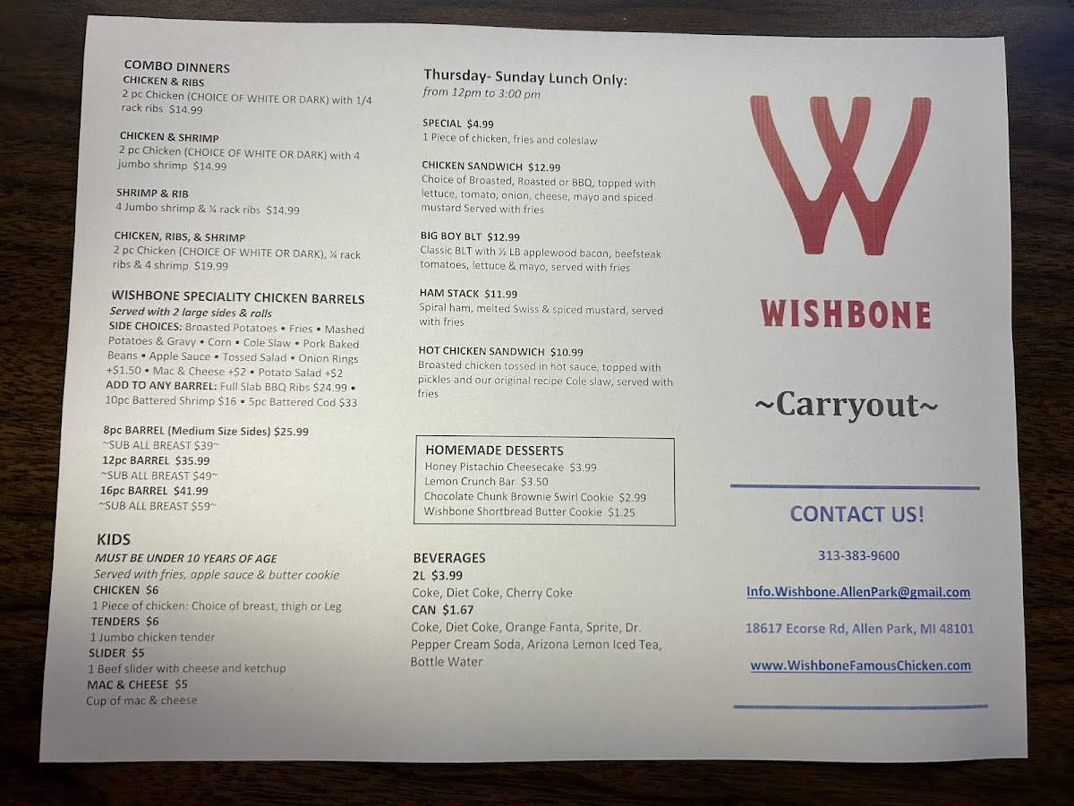 Menu at Wishbone Broasted Chicken restaurant, Allen Park