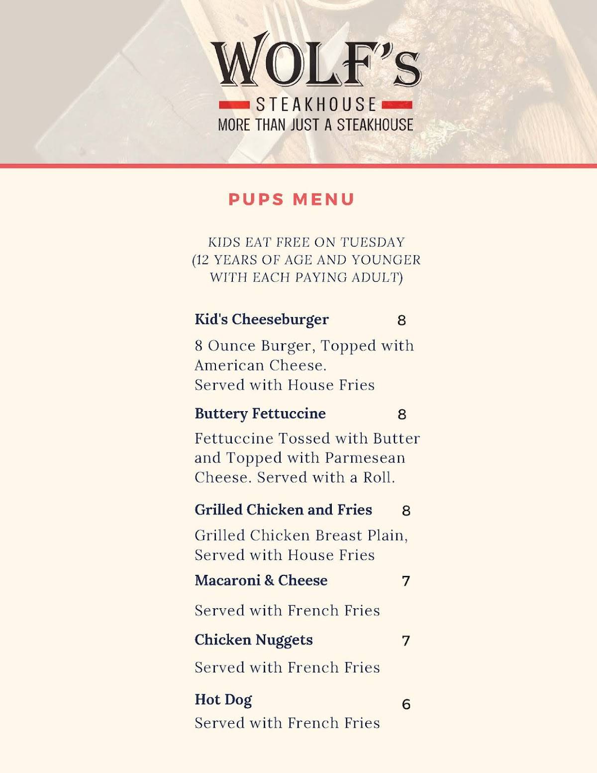Menu at Wolf's Steakhouse, Cooper City, Stirling Rd