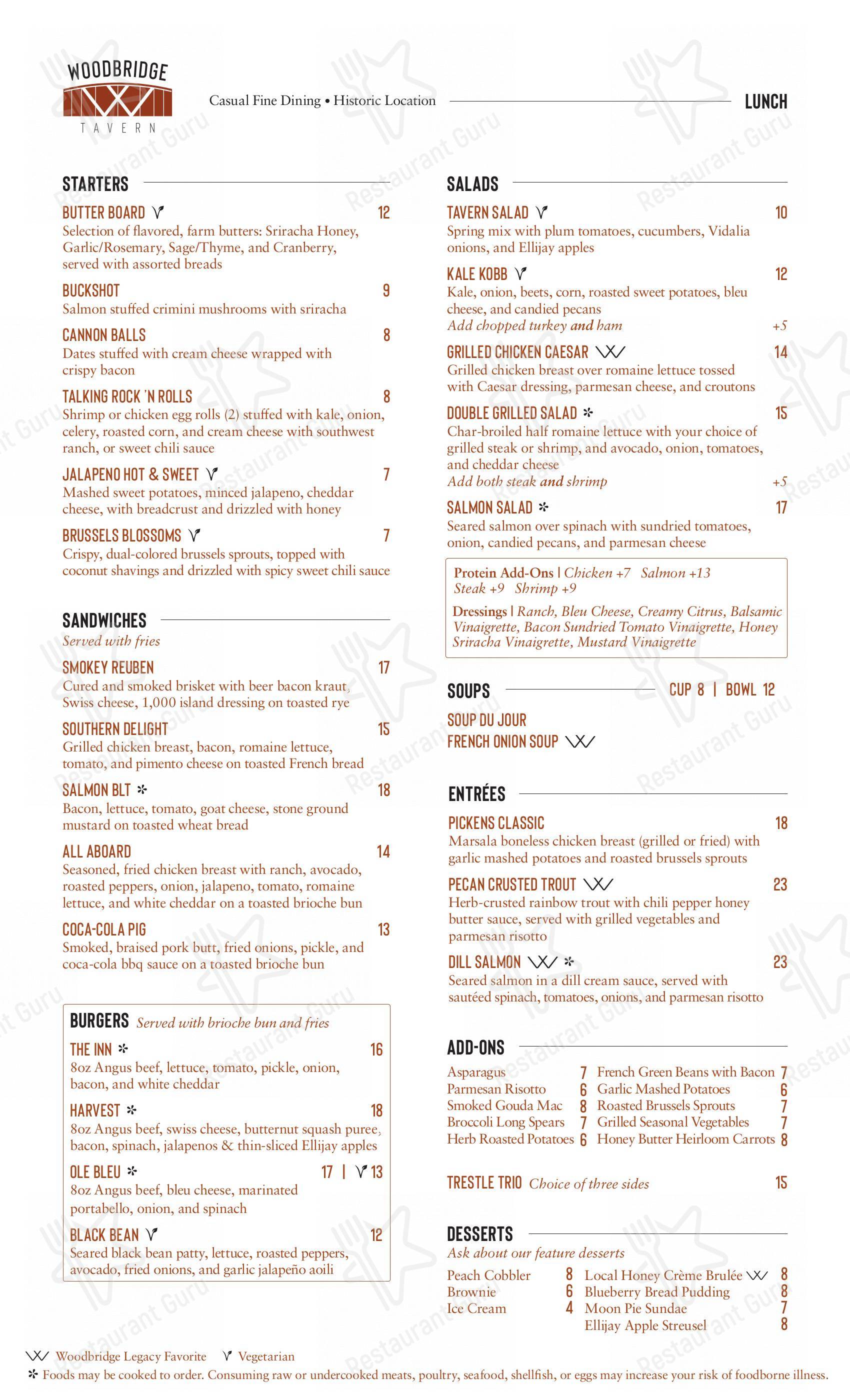 Menu at Woodbridge Inn & Tavern restaurant, Jasper