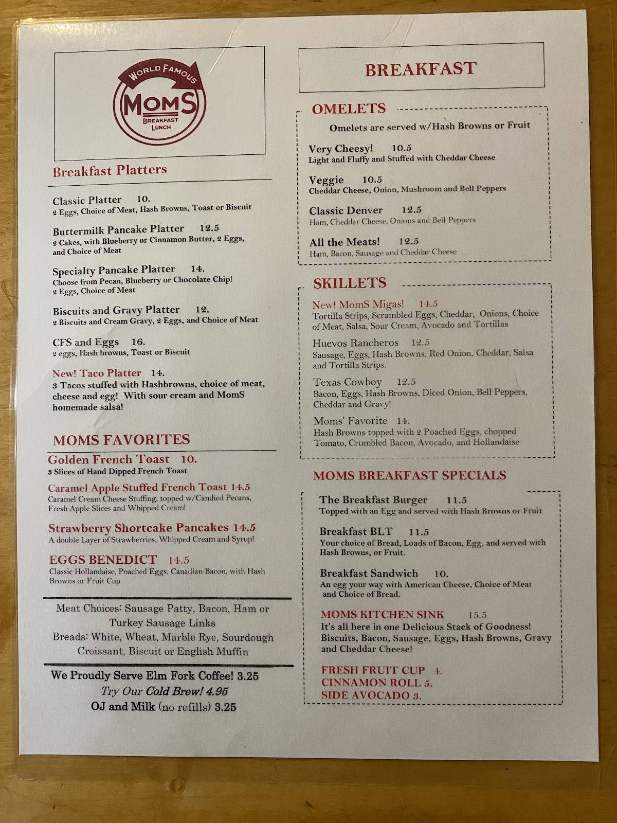Menu at World Famous MOMS restaurant, Aubrey