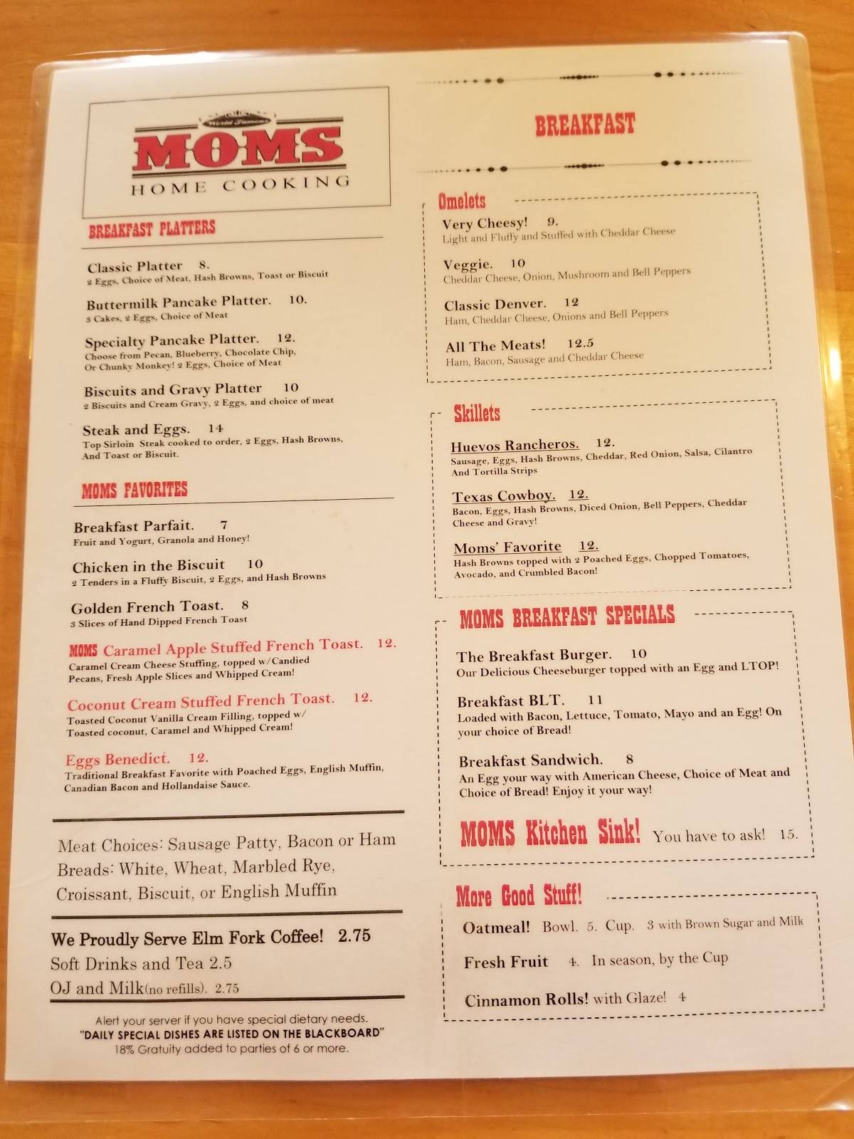 Menu at World Famous MOMS restaurant, Aubrey
