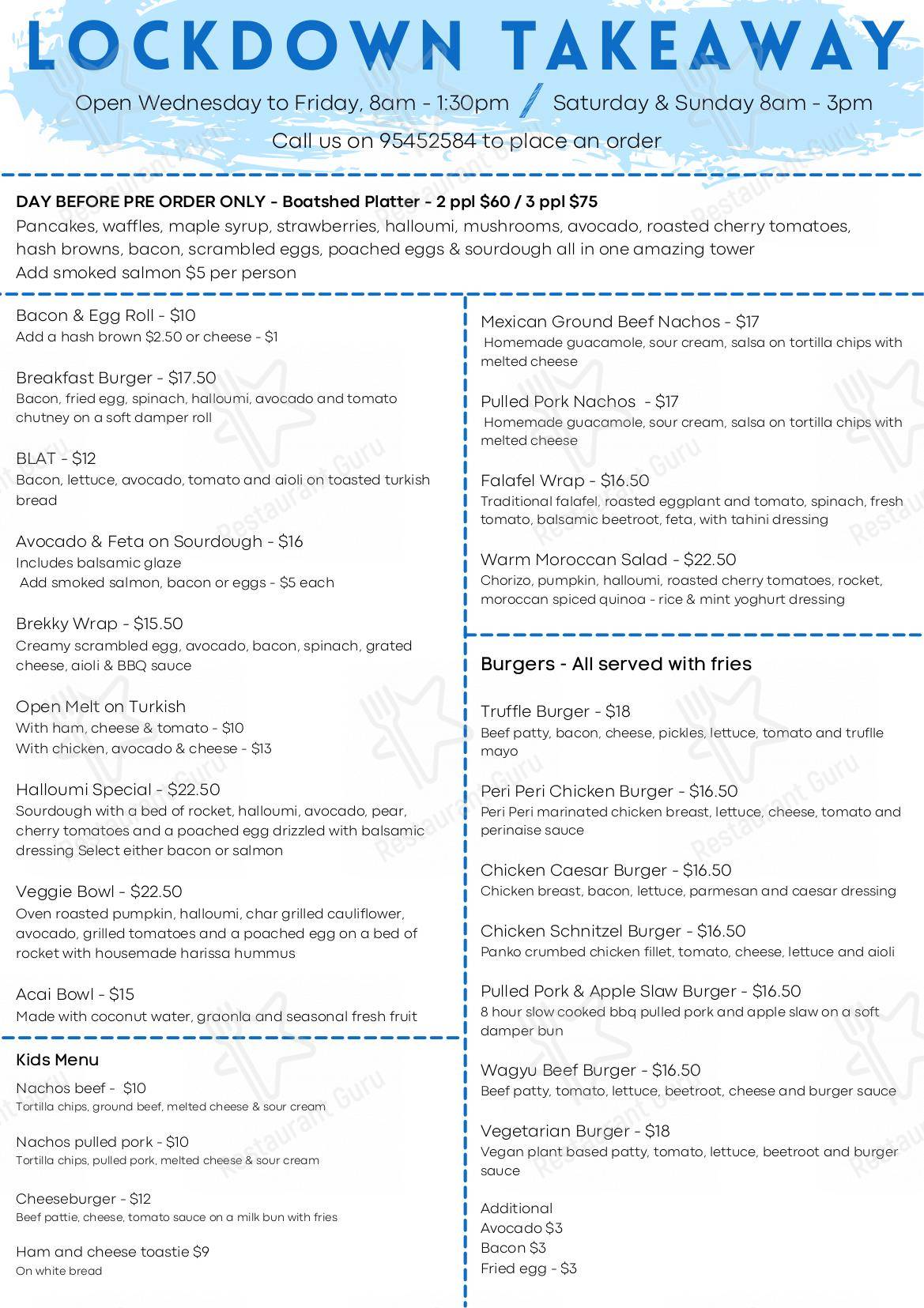 Menu at The Boatshed Woronora cafe, Woronora