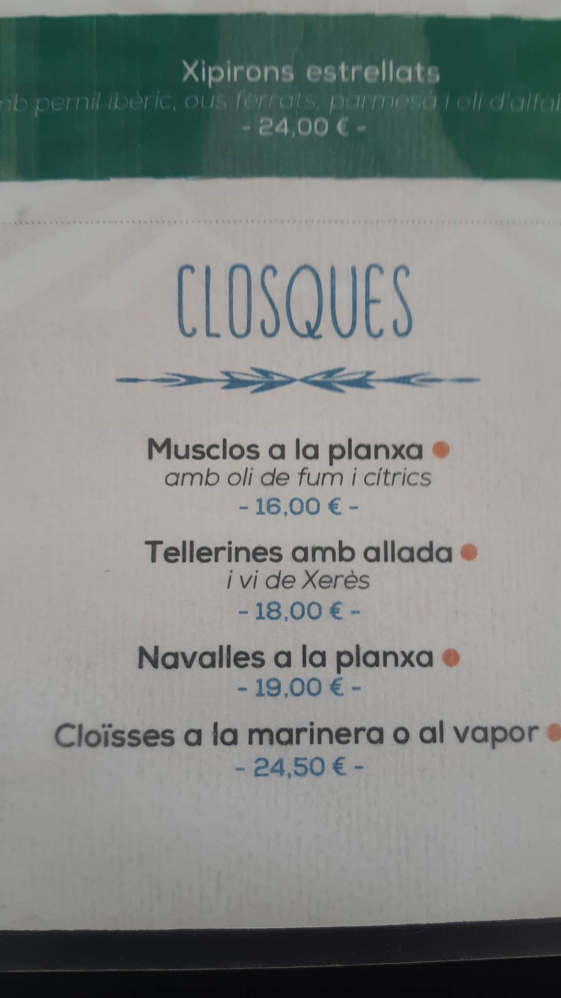 Menu at Xiringuito Escribà restaurant, Barcelona