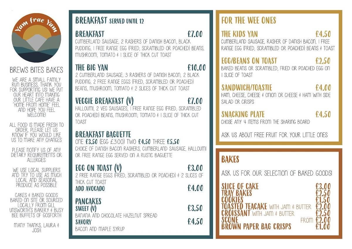 Menu at Yam Frae Yam Cafe & Picture Framing, Seascale