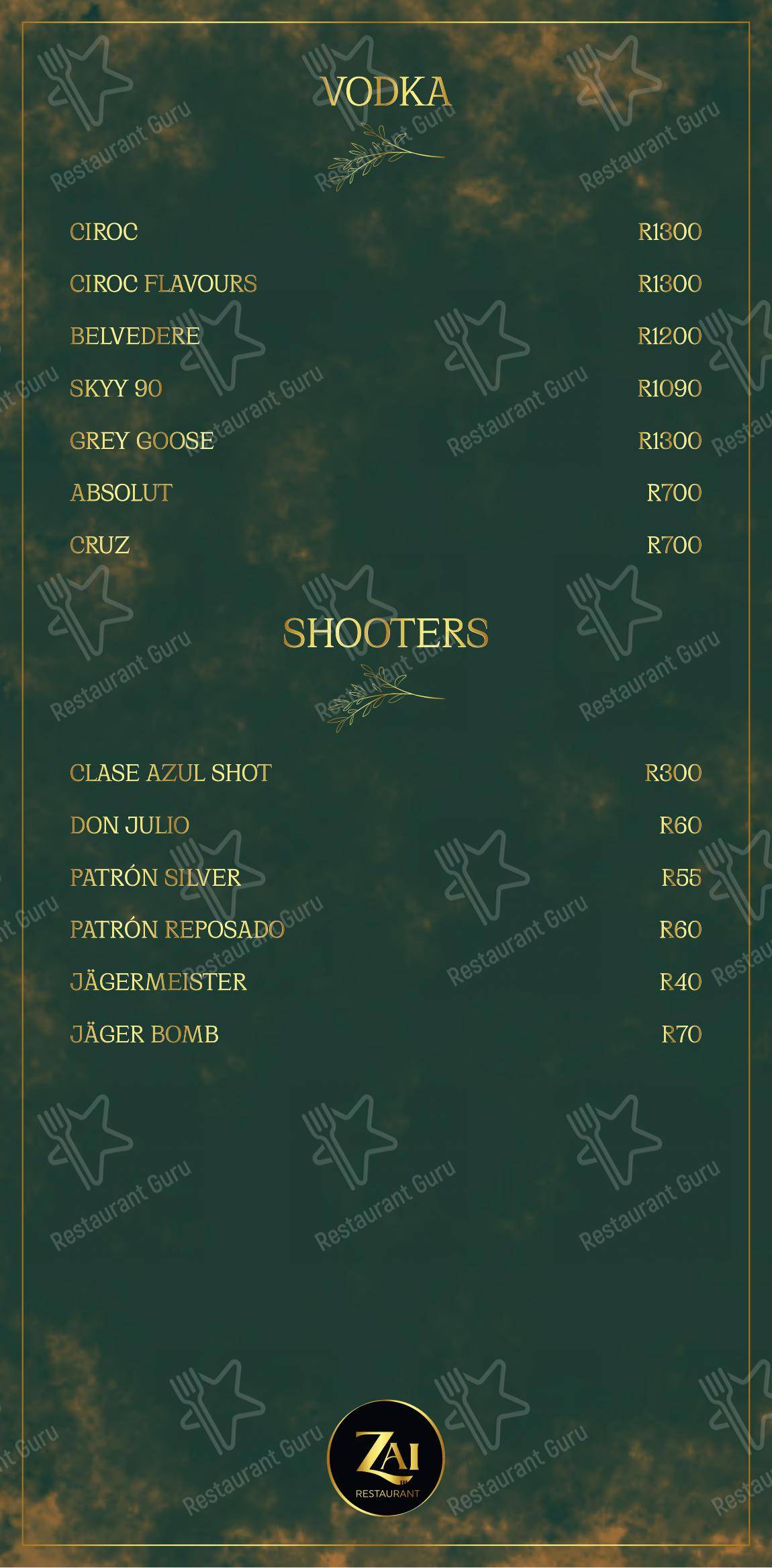 Menu at Zai Restaurant Durban, Durban