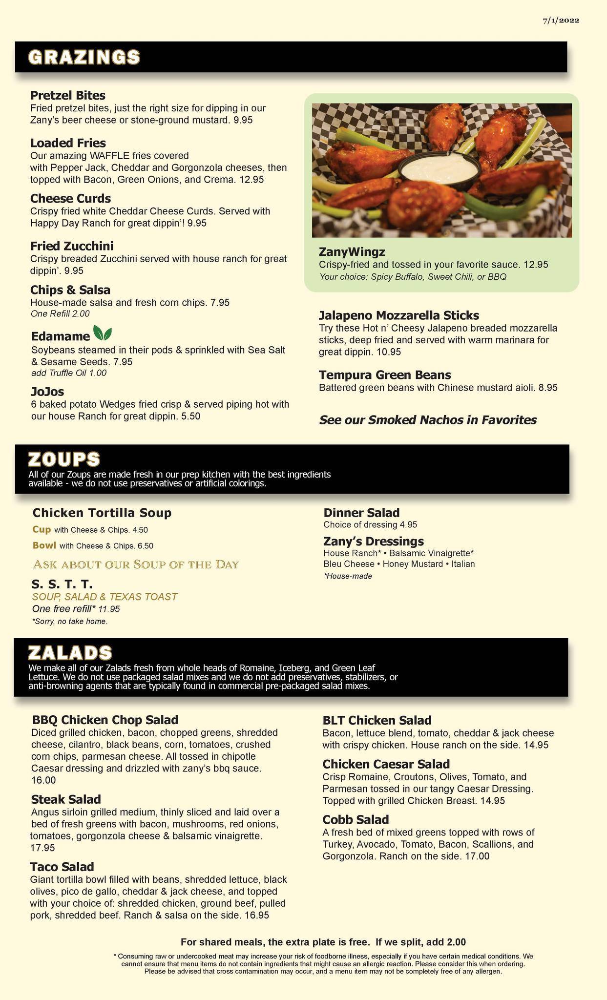 Menu at Zany Graze restaurant, Lewiston, 19th Ave