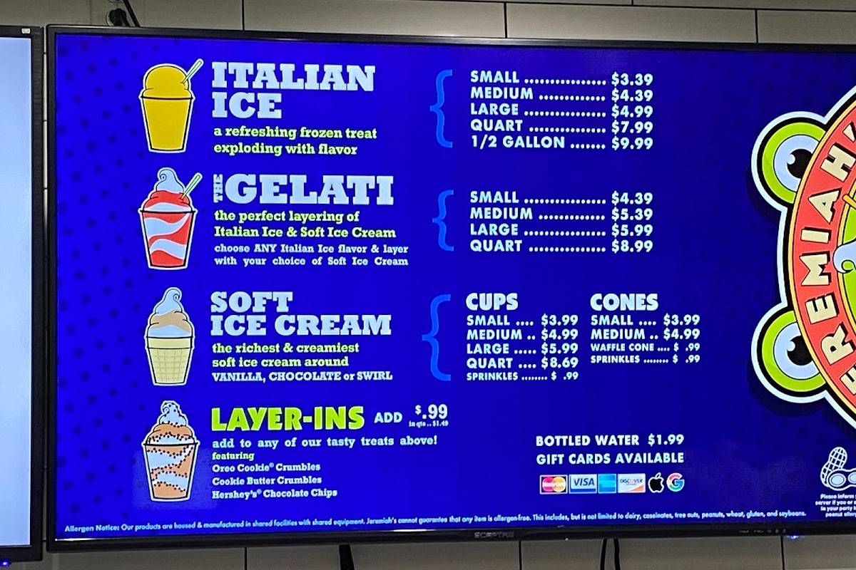 Menu at Jeremiah's Italian Ice desserts, Zephyrhills