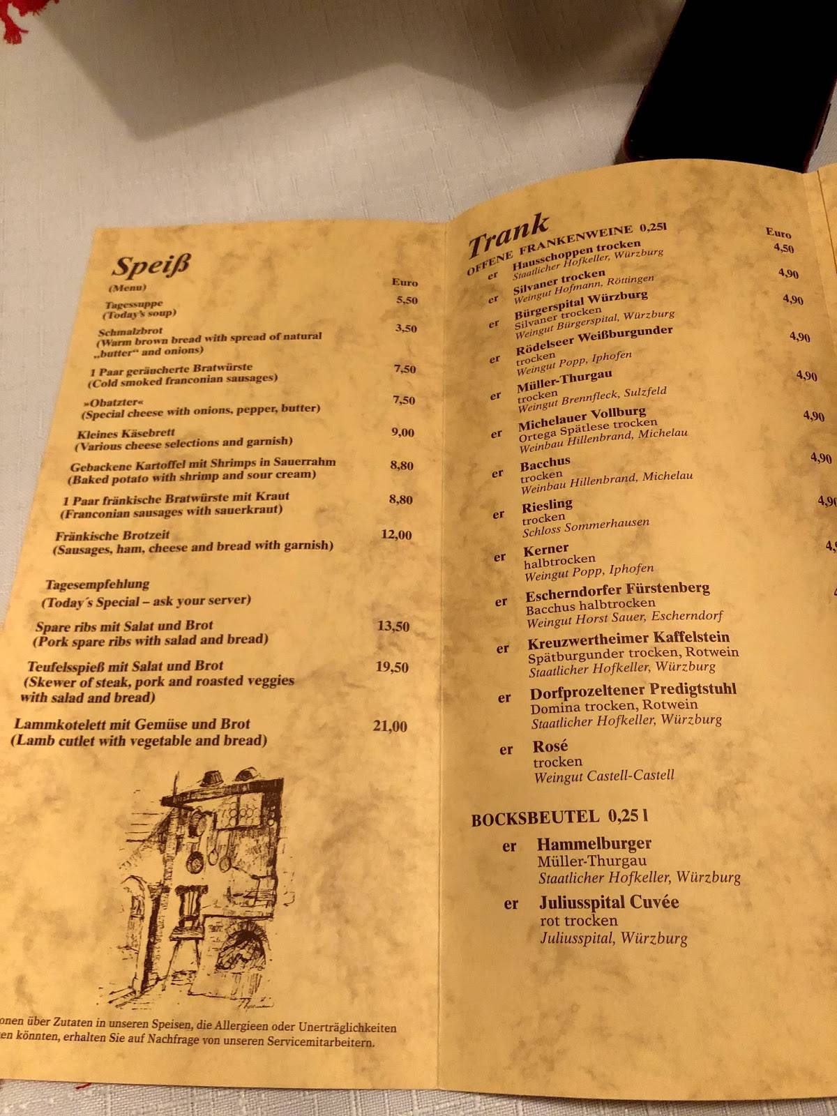 Menu at Zur Hoell restaurant, Rothenburg ob der Tauber