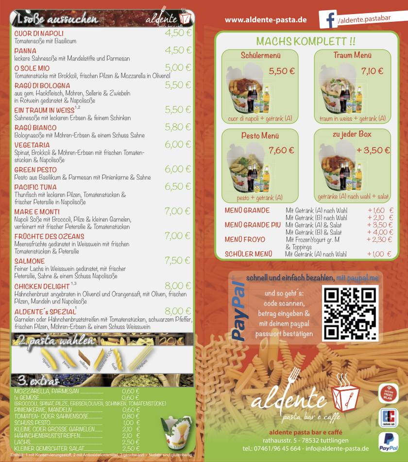 Speisekarte von aldente Pasta Bar, Tuttlingen, Rathausstraße 5