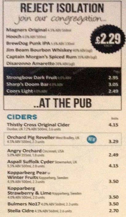 Menu at The White Lady - JD Wetherspoon pub & bar, Edinburgh