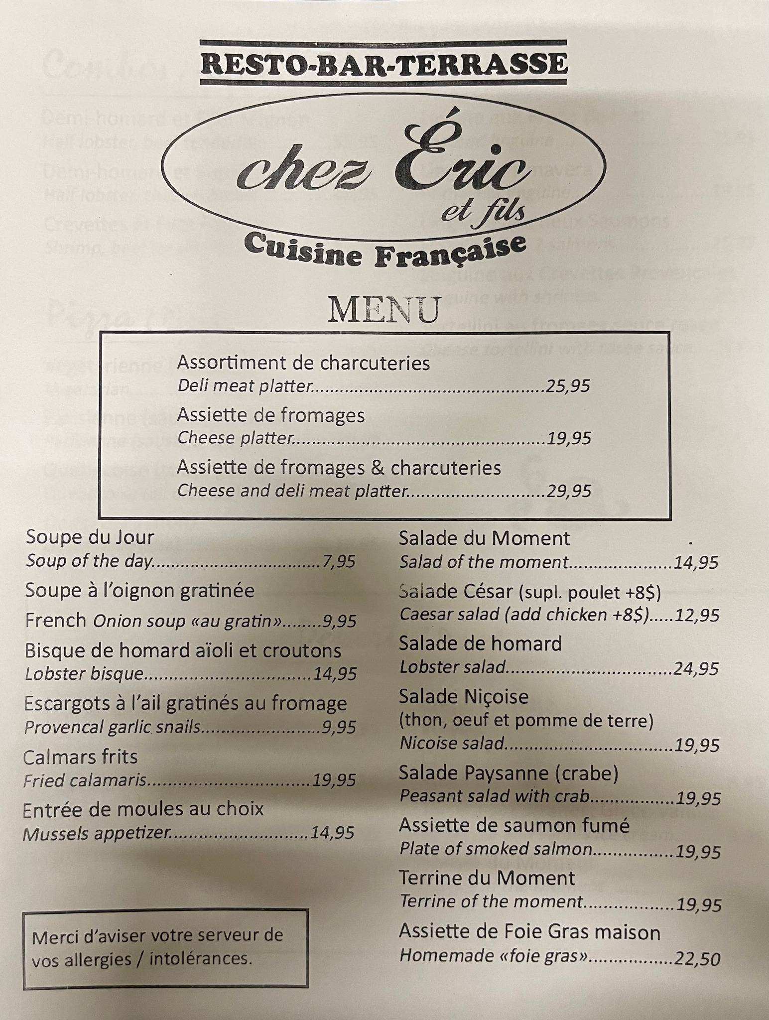 Menu at chez eric brossard pub & bar, Brossard