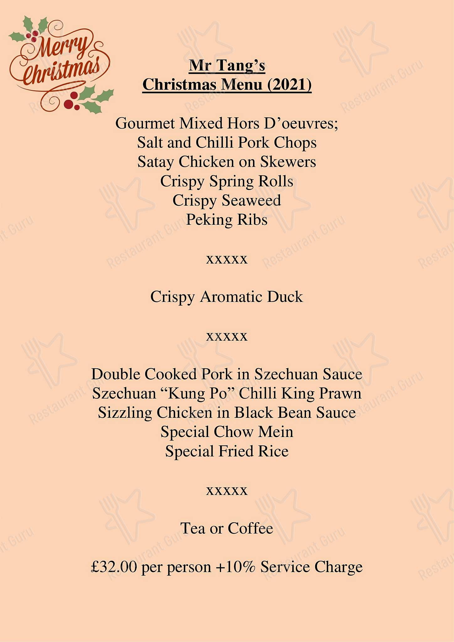 Menu at Mr Tang restaurant, Southend-on-Sea, 556 Rayleigh Rd