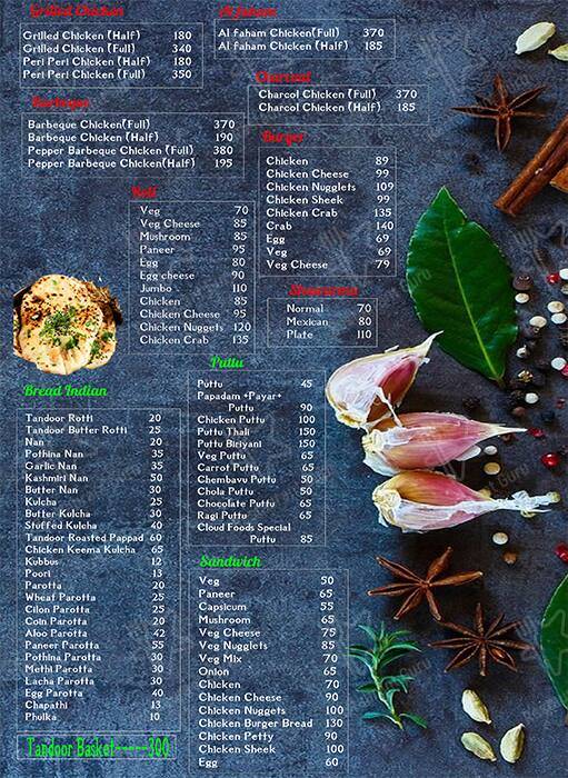 Menu at Cloud 9 cafe, Bengaluru