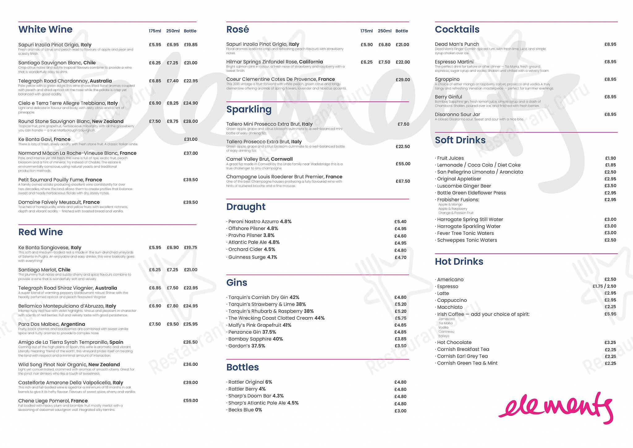 Menu at Elements Bude restaurant, Bude