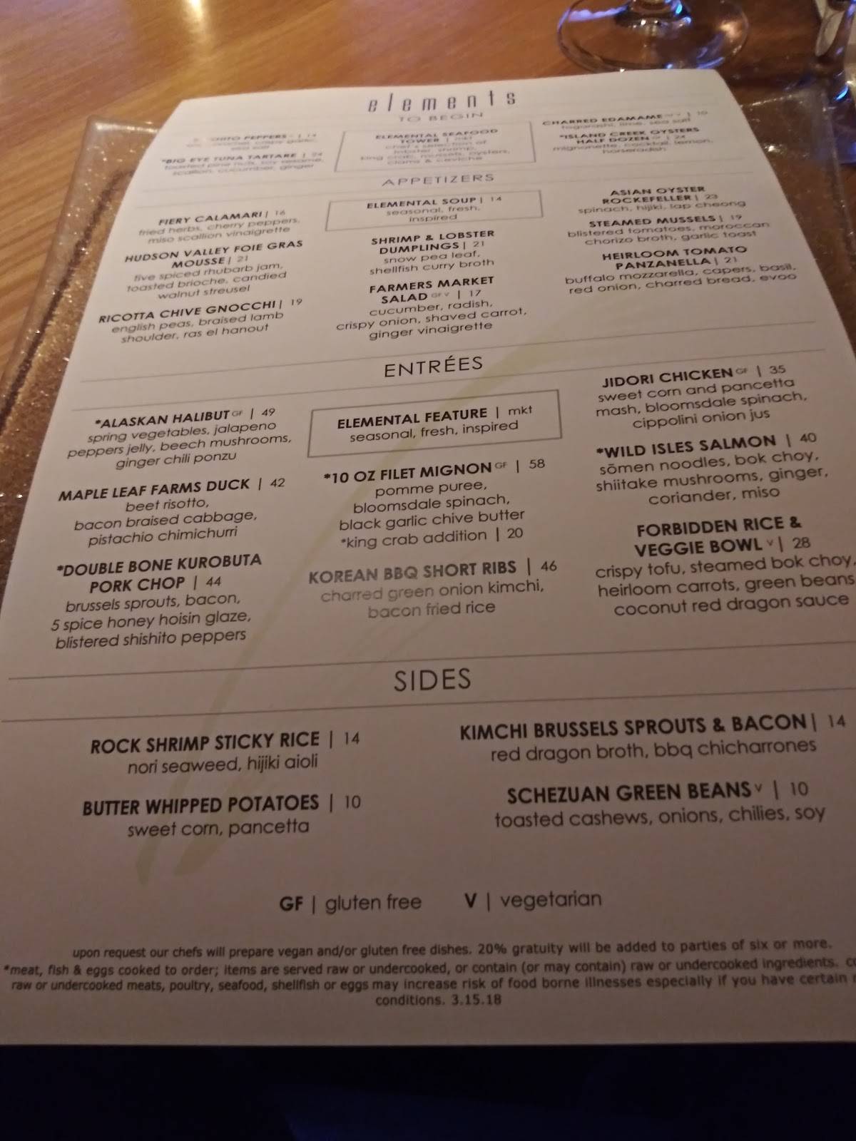 Menu at elements restaurant, Paradise Valley, E McDonald Dr