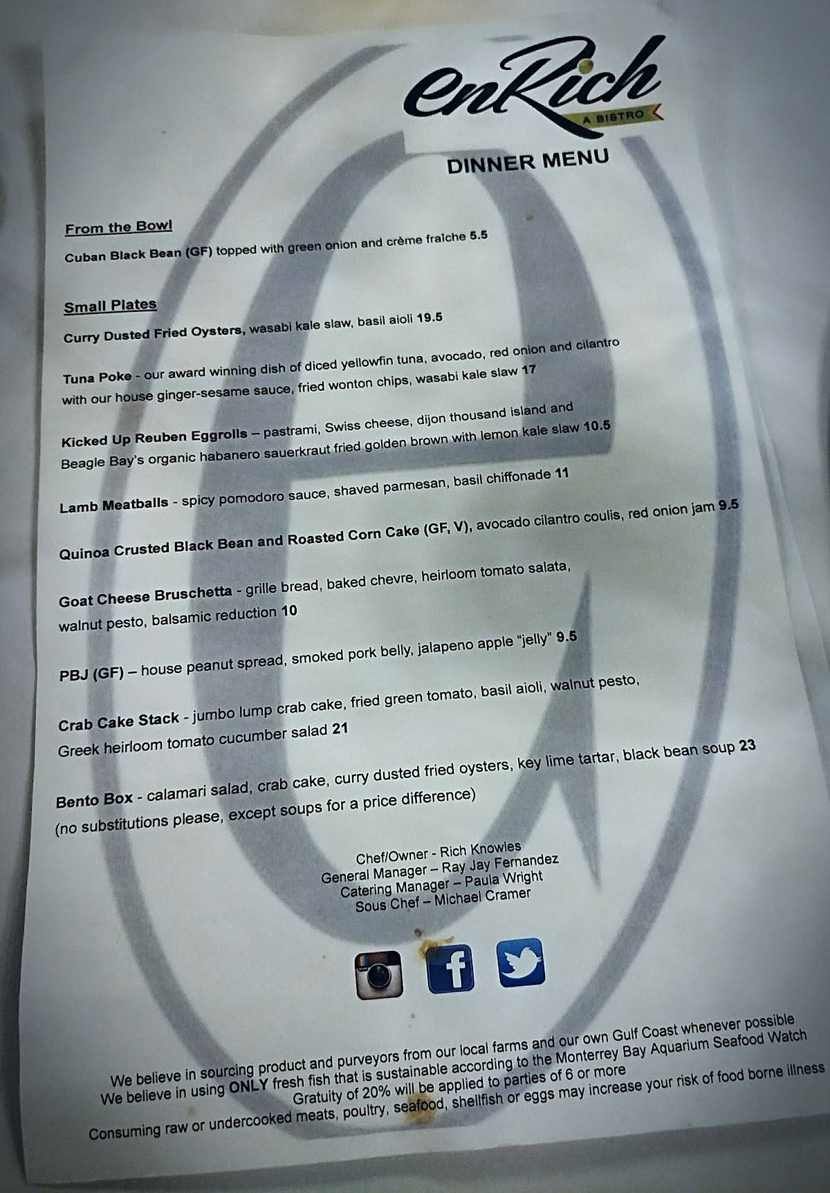 Menu at enRich Bistro restaurant, Bradenton