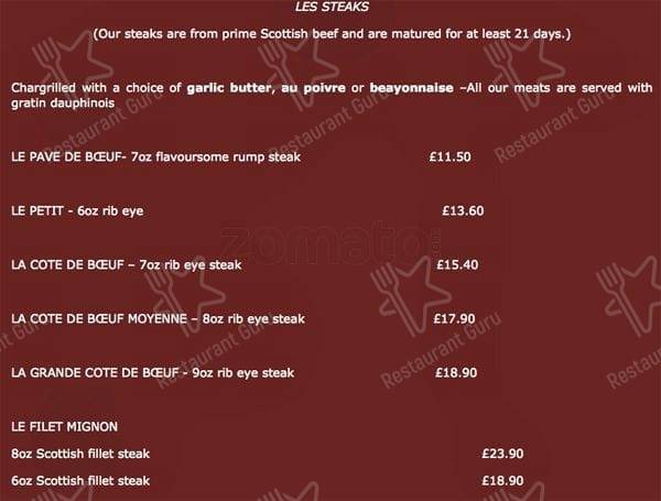 Menu at Chez Jules restaurant, Edinburgh, 109 Hanover St