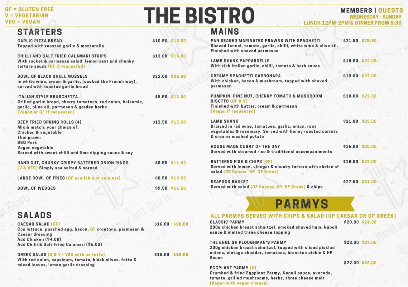 Menu at Carina Leagues Club, Carina Heights