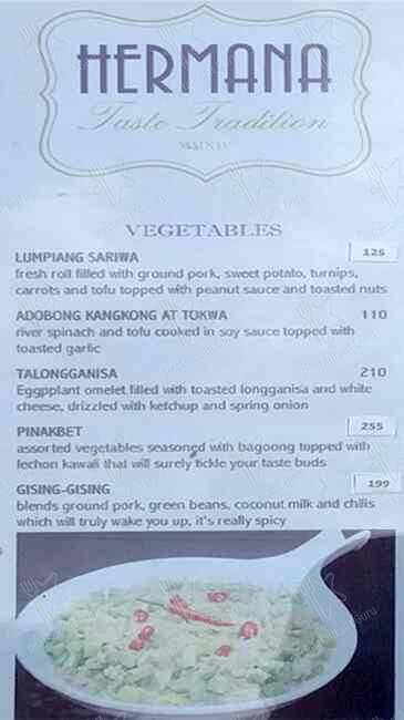 Menu at Hermana Taste Tradition, Tagaytay