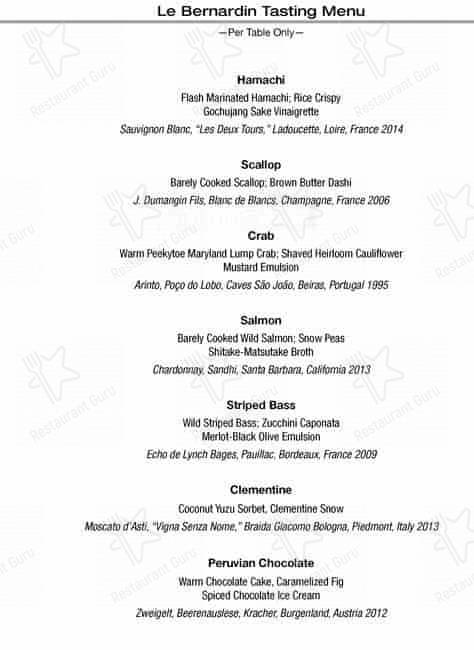 Menu at Le Bernardin restaurant, West New York, 155 W 51st St