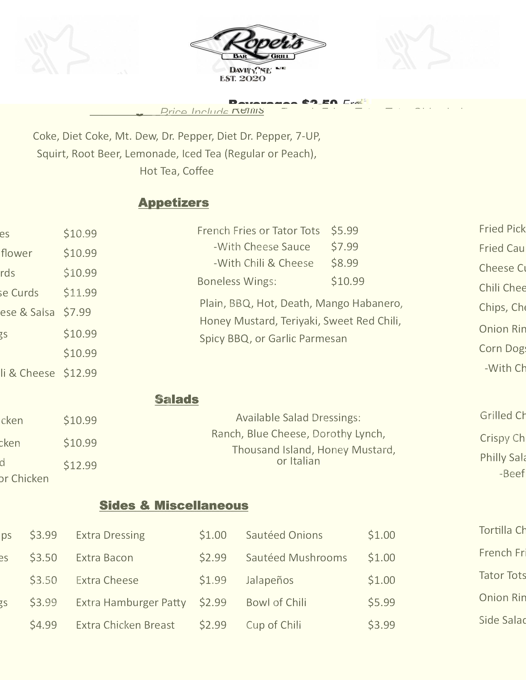 Menu at Ropers Bar and Grill, David City