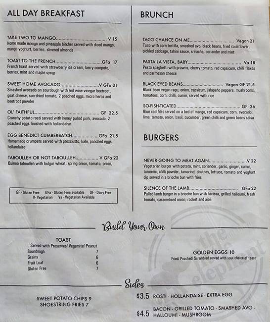 Menu at The Little Elephant restaurant, Highett