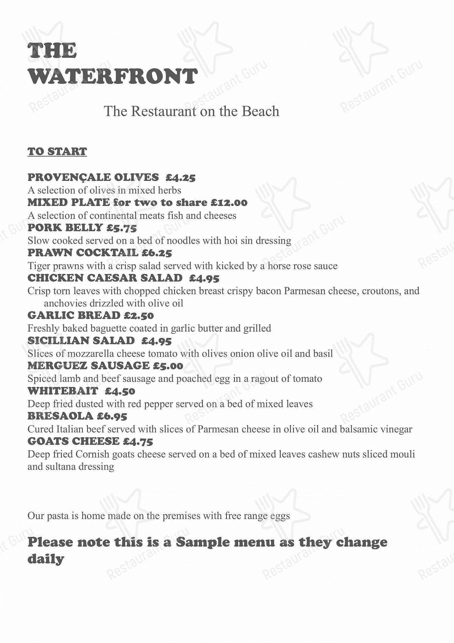 Menu at The Waterfront restaurant, Lowestoft