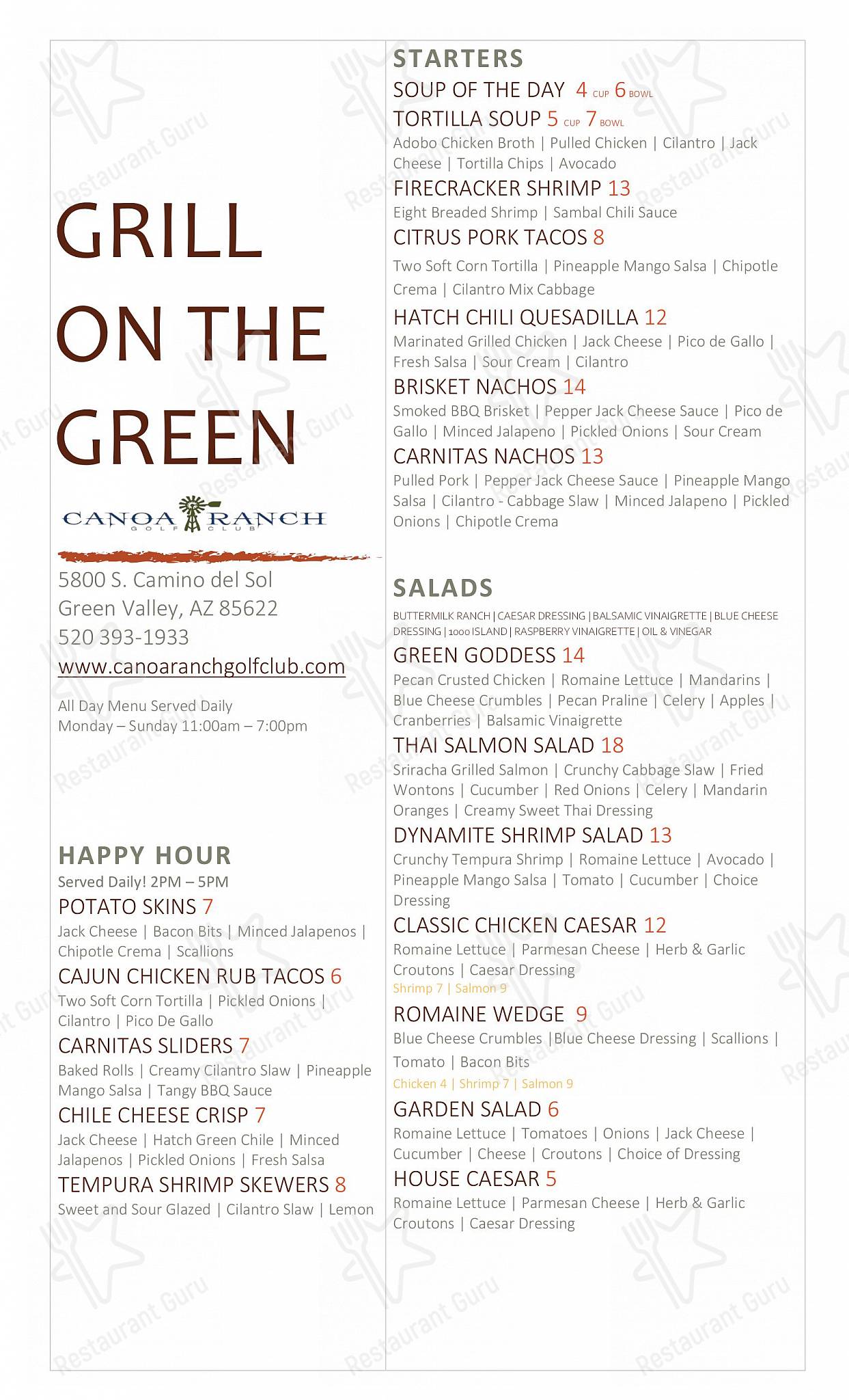 Menu at Grill On the Green restaurant, Green Valley