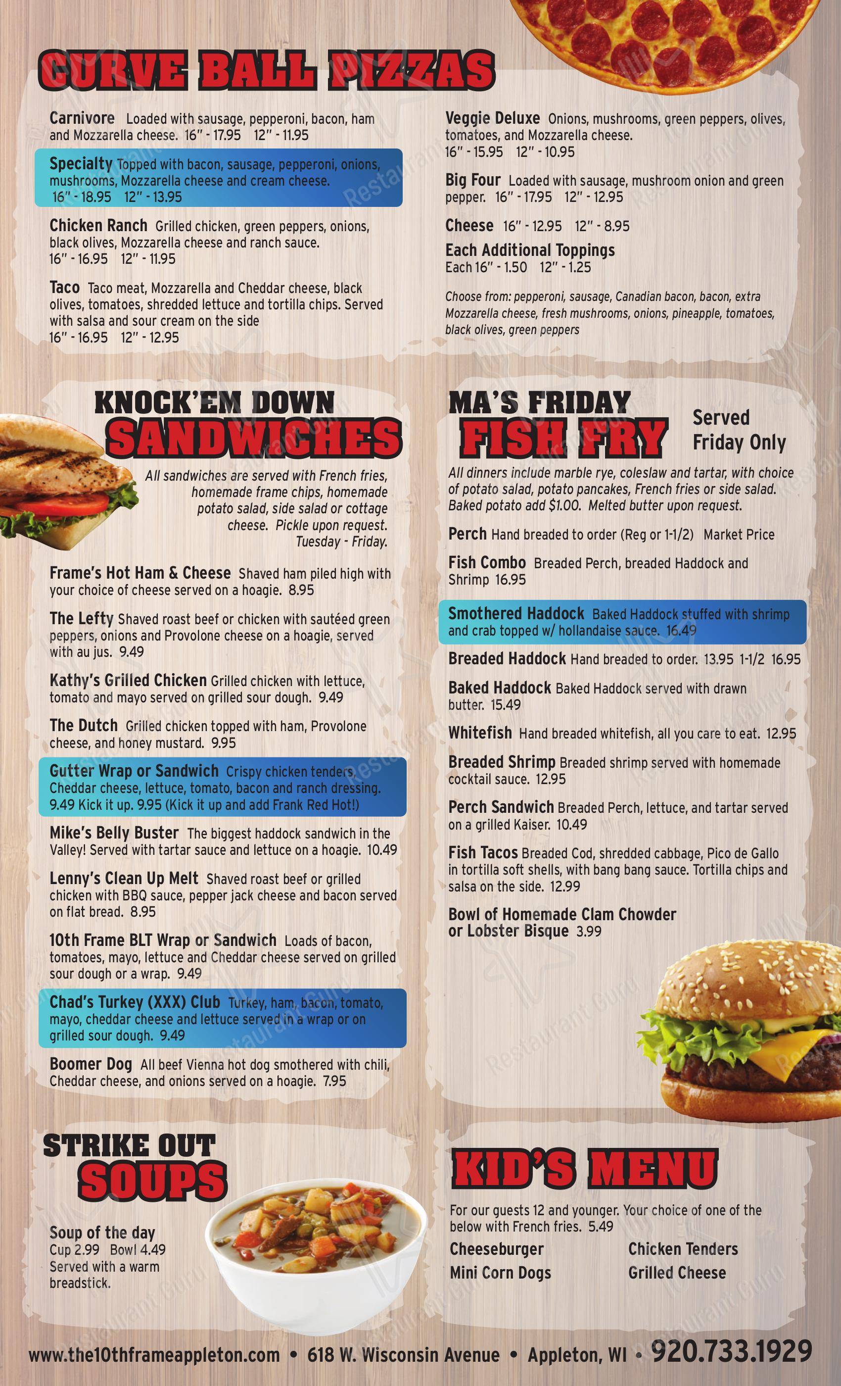 Menu at The 10th Frame pub & bar, Appleton
